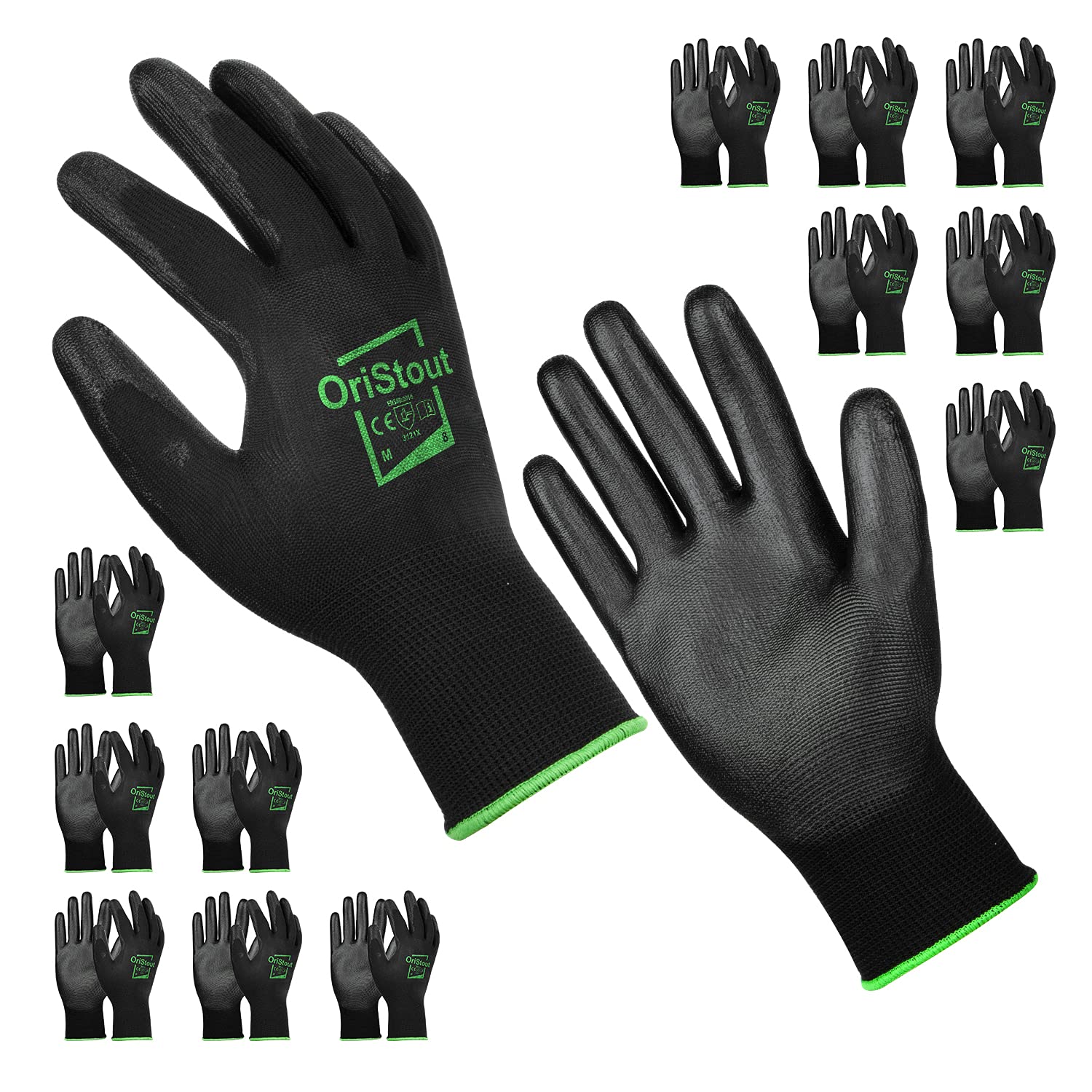 Work Gloves Bulk Pack of 12, Super Lightweight & Breathable, Men's Safety Garden Gloves, PU Coated Working Gloves (Medium, Black)