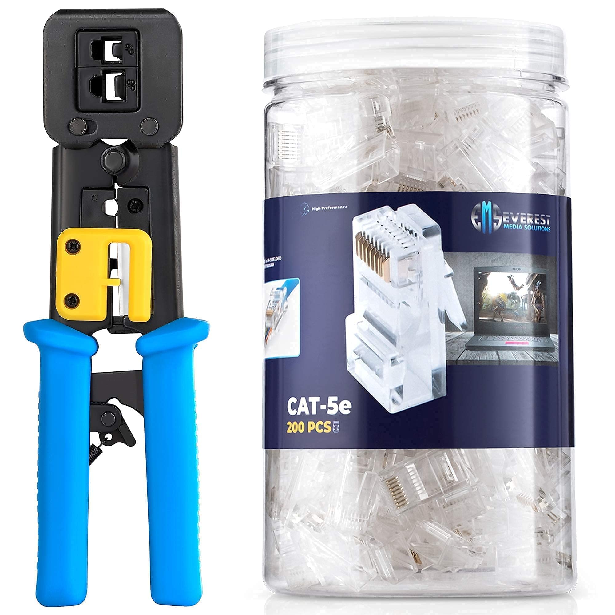 Bundle – 2 items: RJ45 Crimp Tool + 200 Pack of Cat5e Pass Through Connectors.