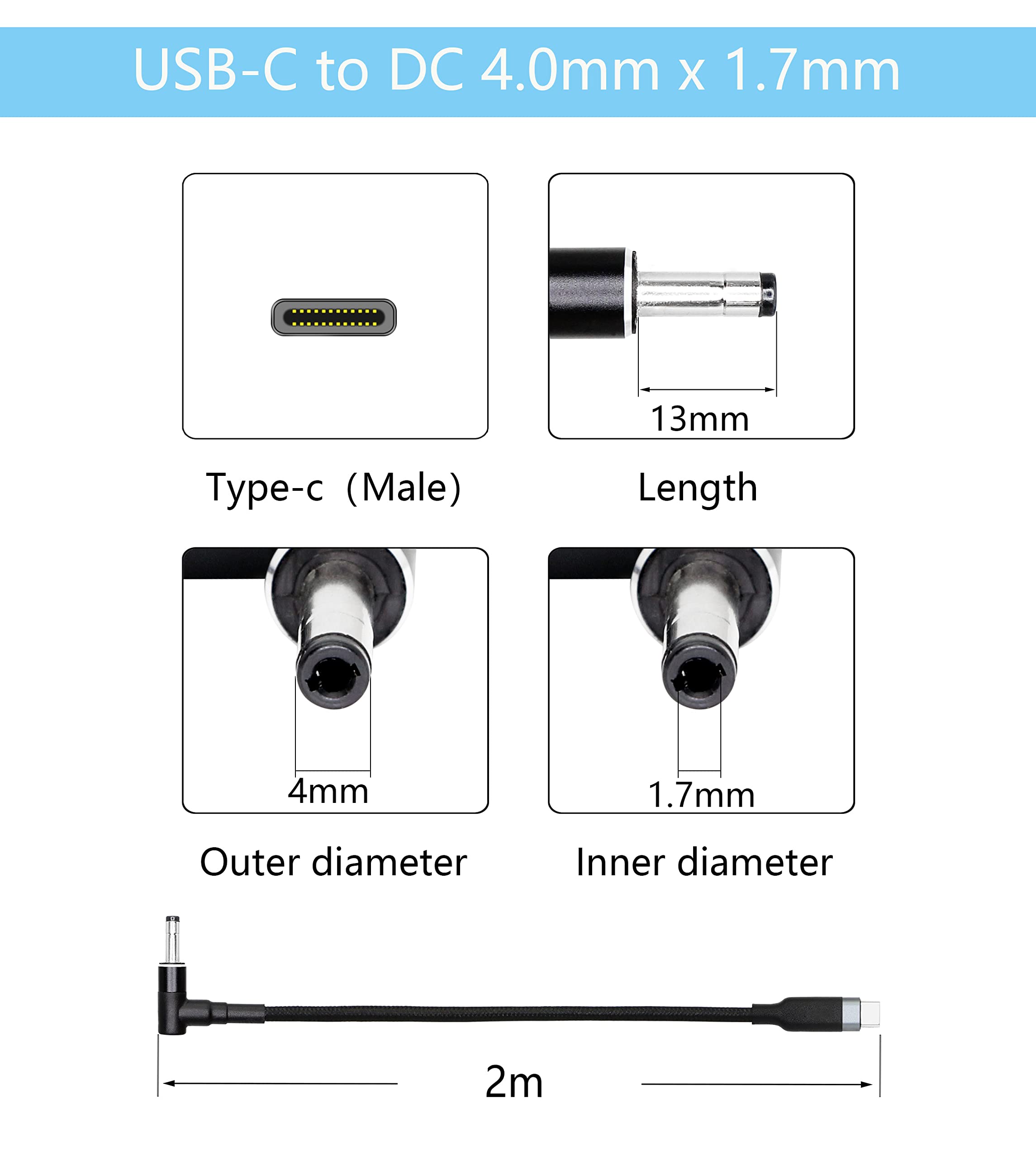 CERRXIAN 6.5ft 100W PD USB Type C Male Input to 90 Degree DC 4.0 x 1.7 mm Male Power Charging Cable (4017-100W)