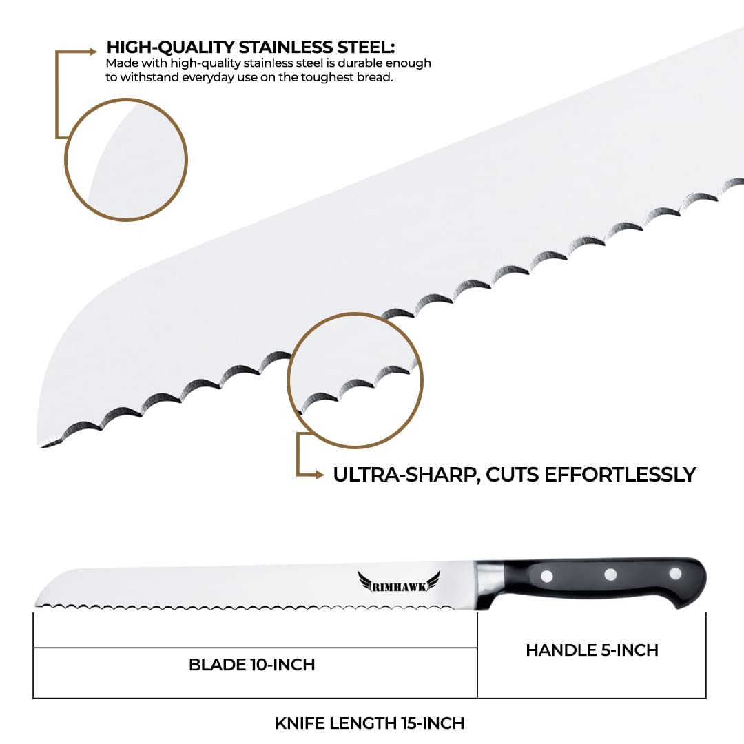 RIMHAWK Bread Knife 10inch Serrated Bread Knife for Homemade Bread, Ultra-Sharp Stainless Steel Serrated Bread Knives and 5inch Ergonomic Handle