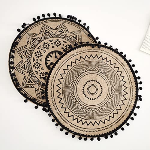 2 Pcs Boho Round Place Mats with Pompom Woven Jute Placemats Rustic Macrame Coasters for Dining Room Kitchen Table Decor Style 6