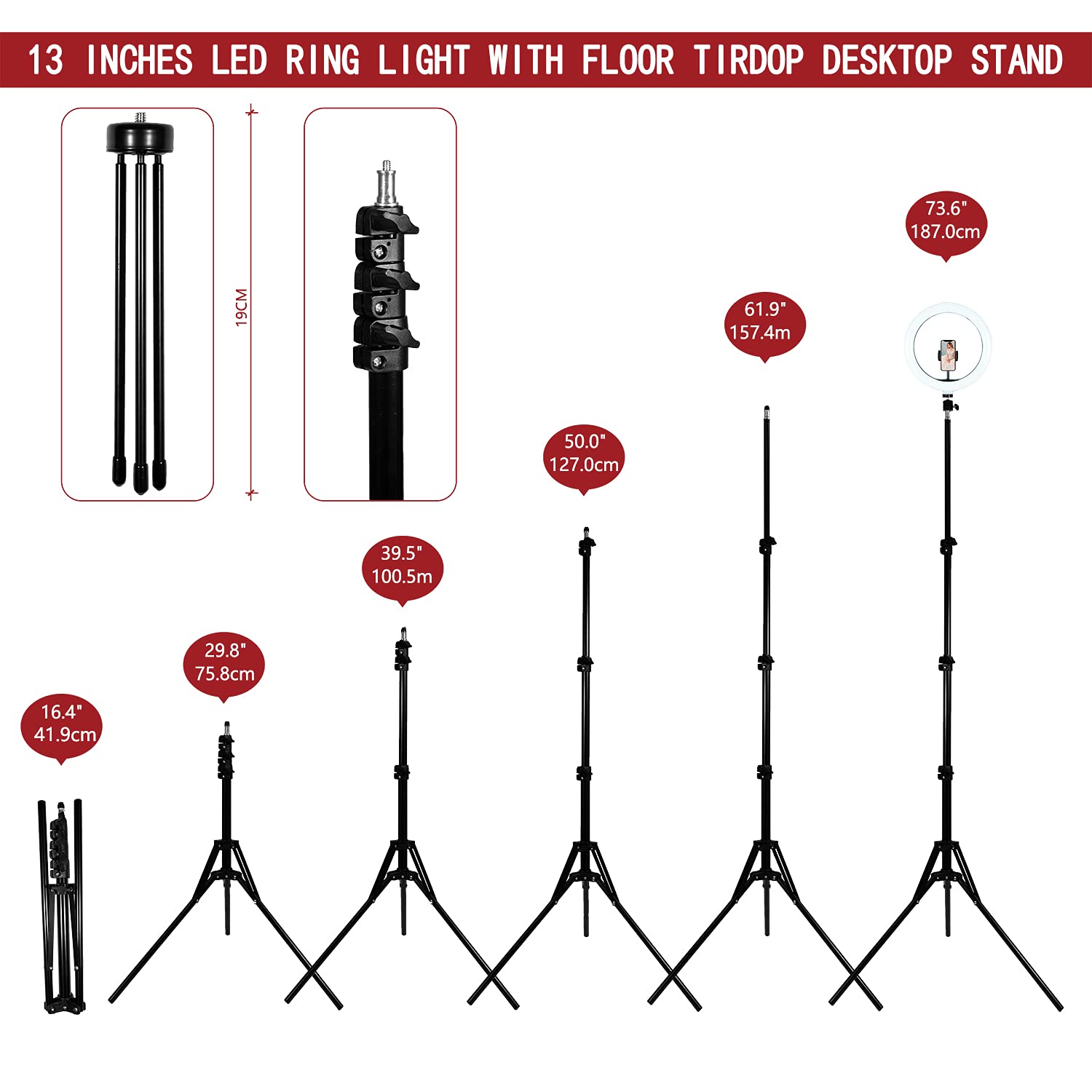 10.2" LED Selfie Ring Light with Floor Tripod 74" Tall and Desk Stand, 2 Phone Holders Dimmable Makeup Ringlight for Live Streaming & YouTube Video, Photography, Online Meeting