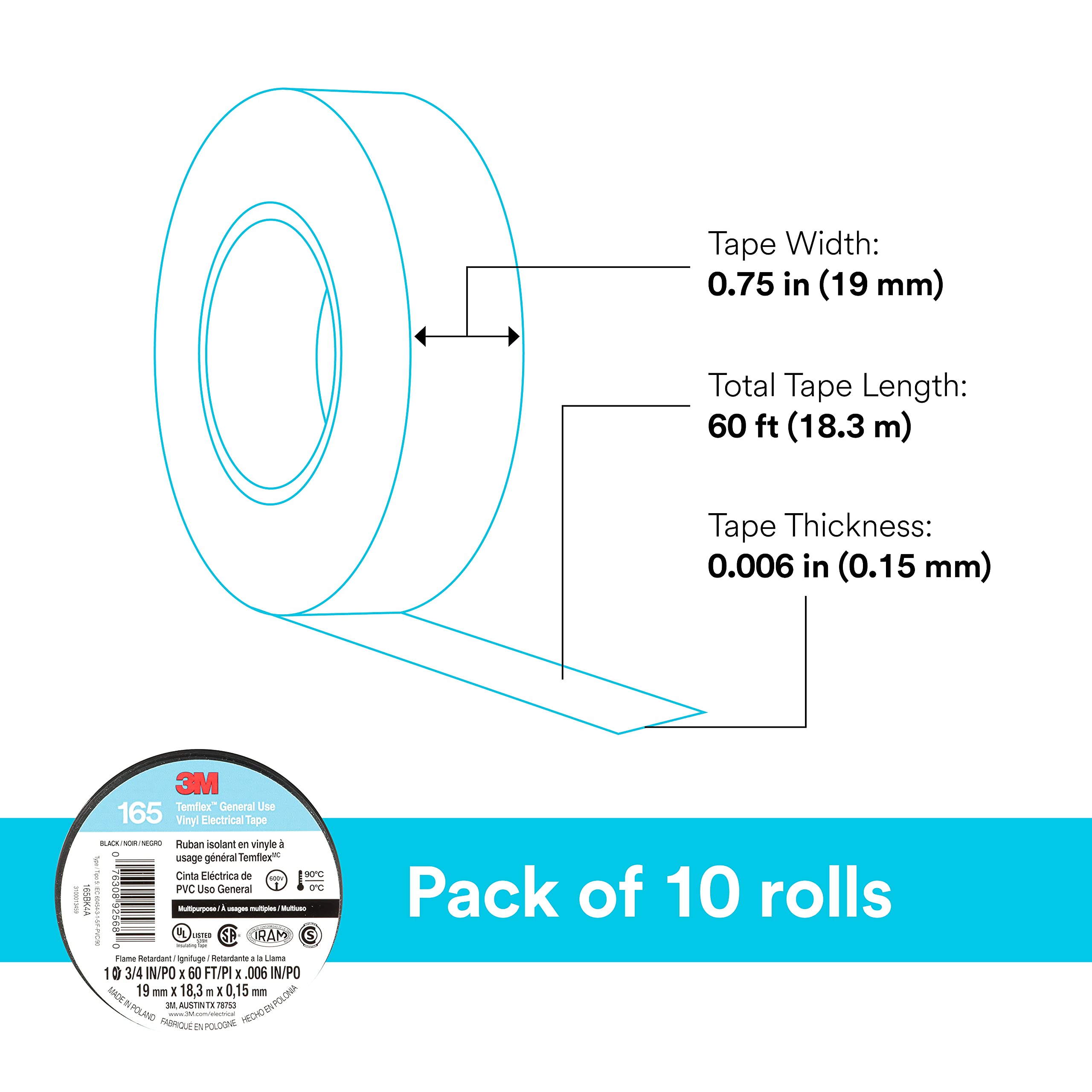 3M Temflex Multi-Purpose Vinyl Electrical Tape 165, Black, 3/4 in x 60 ft (19 mm x 18 m), 10 Roll Pack