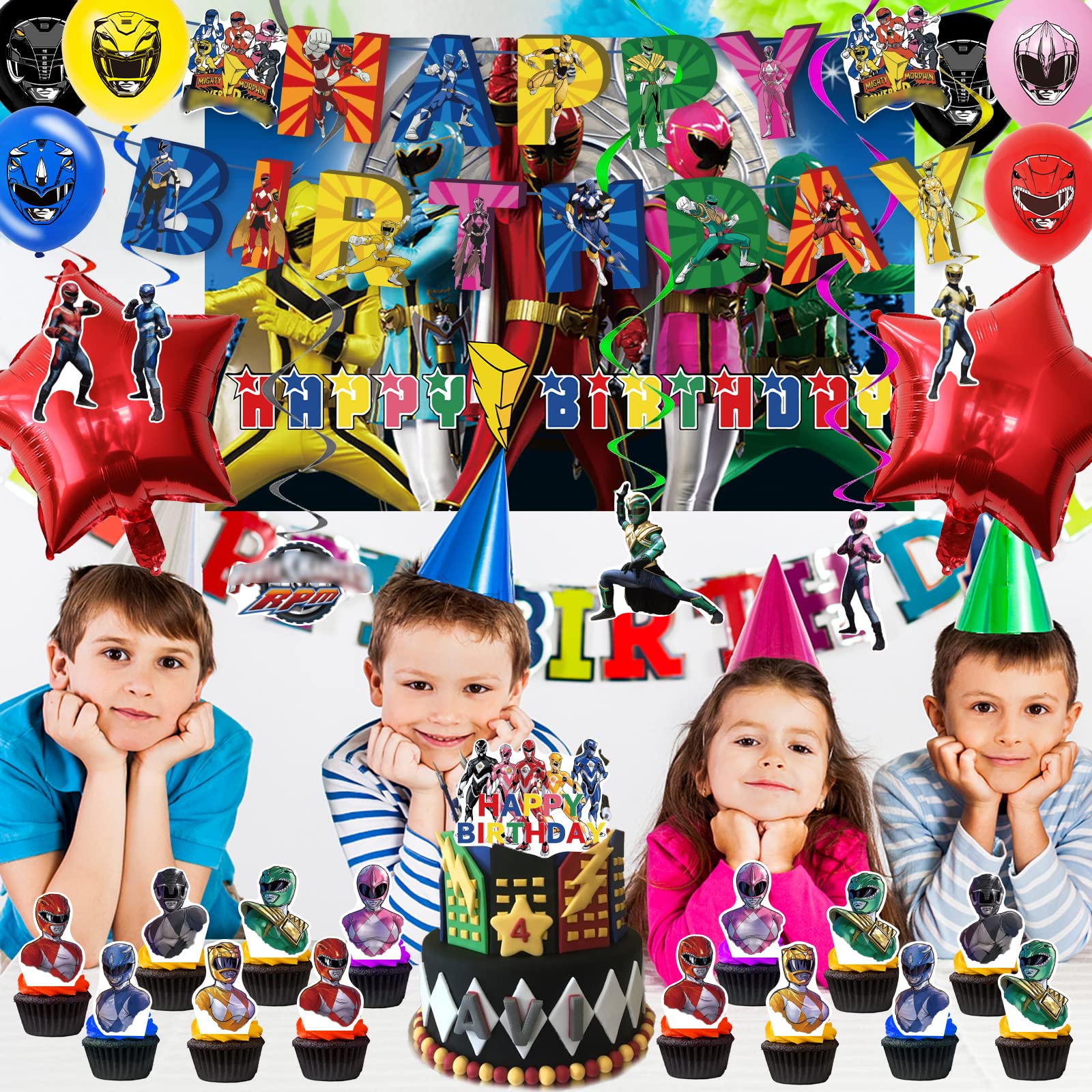 109pcs Cartoon Party Suppliesincludes Birthday Banner, Cake Topper, Cupcake Toppers, Balloons, Tablecloth,Backdrop02