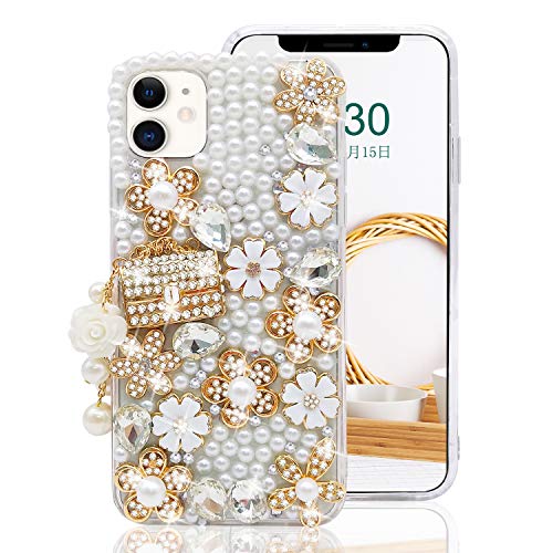 Guppy for iPhone 11 Case Women Luxury 3D Bling Shiny Rhinestone Diamond Crystal Pearl Handmade Pendant Iron Tower Pumpkin Car Flowers Soft Protective Anti-Fall Case for iPhone 11