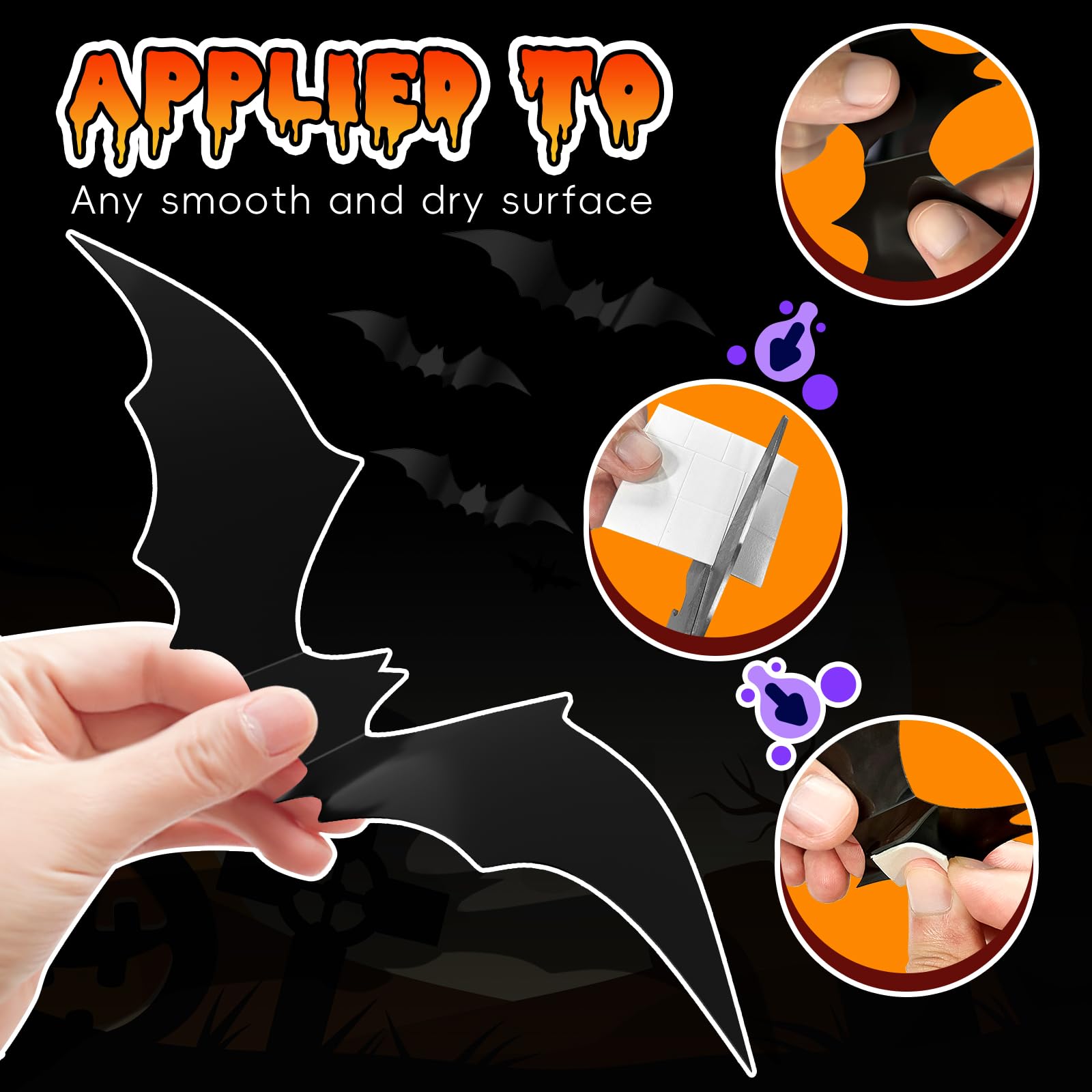 100 PCS Bats Decoration,3D Bat Room Wall Decor,4 Sizes Waterproof Black Spooky PVC Bats Stickers for Room Décor Halloween Party Supplies