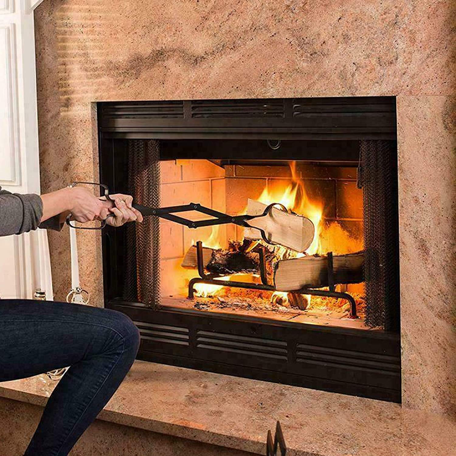 36-Inch Fireplace Fire Pit Campfire Poker Stick and 26-Inch Campfire Fireplace Tongs, Log Grabber, Camping, Wood Stove, Outdoor and Indoor Use, Black Solid Steel