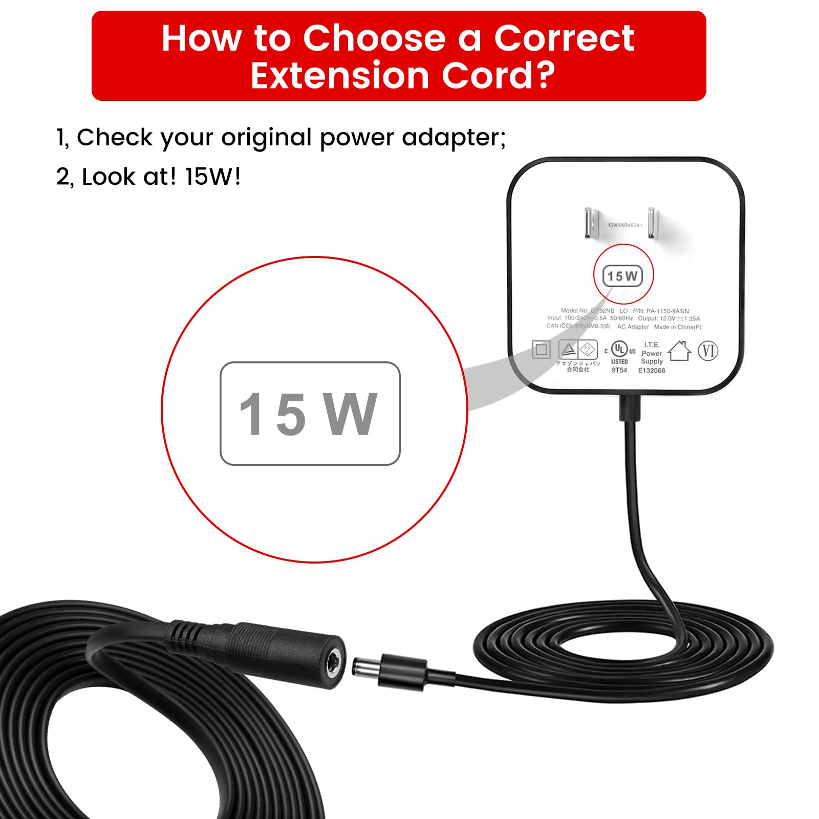 Extension Cable Replacement for dot Kids Edition, dot 4th gen, Alexa dot 3rd Generation, Show 5 - Charger Power Extension Cord 16ft