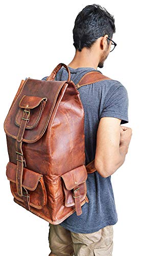 18" Brown Leather Backpack Vintage Rucksack Laptop Bag Water Resistant Casual Daypack College Bookbag Comfortable Lightweight Travel Hiking/Picnic for Men