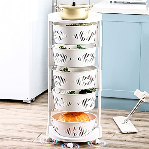AKaSping 5 Layer Kitchen Storage Rack 360° Rotating Storage Shelf White Carbon Steel Household Floor-Standing Movable Storage Rack for Vegetable Fruit Snack