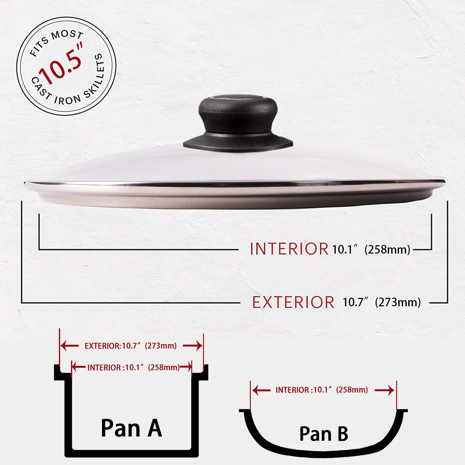 10.5 Inch Glass Lid for Frying Pan, Fry Pan Lid, Skillet Lid, Pan Lid with Handle, Compatible with 10.1-10.7 Inch Lodge - Fully Assembled Tempered Replacement Cover, 10.5"/26cm, Clear