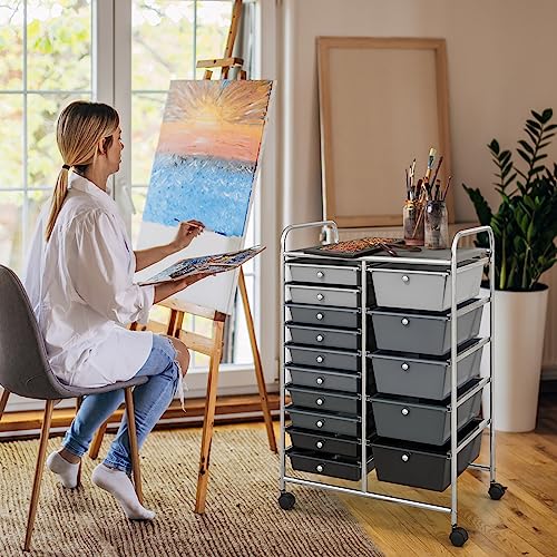 15 Drawer Rolling Storage Cart, Mobile Utility Cart with Lockable Wheels, Drawers, Multipurpose Organizer Cart for Home, Office, School, Gradient Black