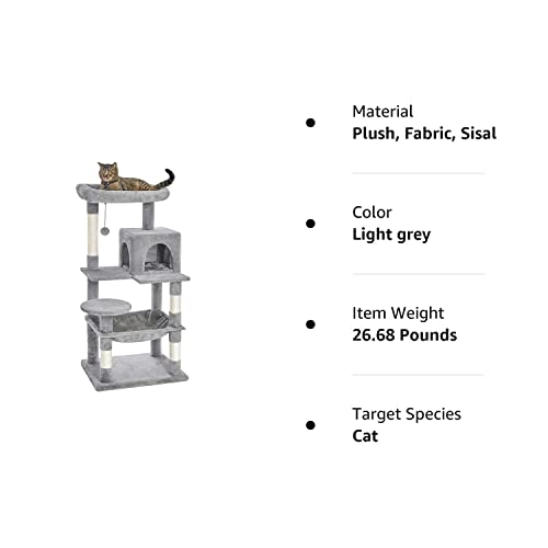 Catinsider 46.5 inches Cat Tree Multi-Level Cat Tower with Sisal-Covered Scratching Posts, Plush Perches, Hammock and Condo for Cats Light Gray
