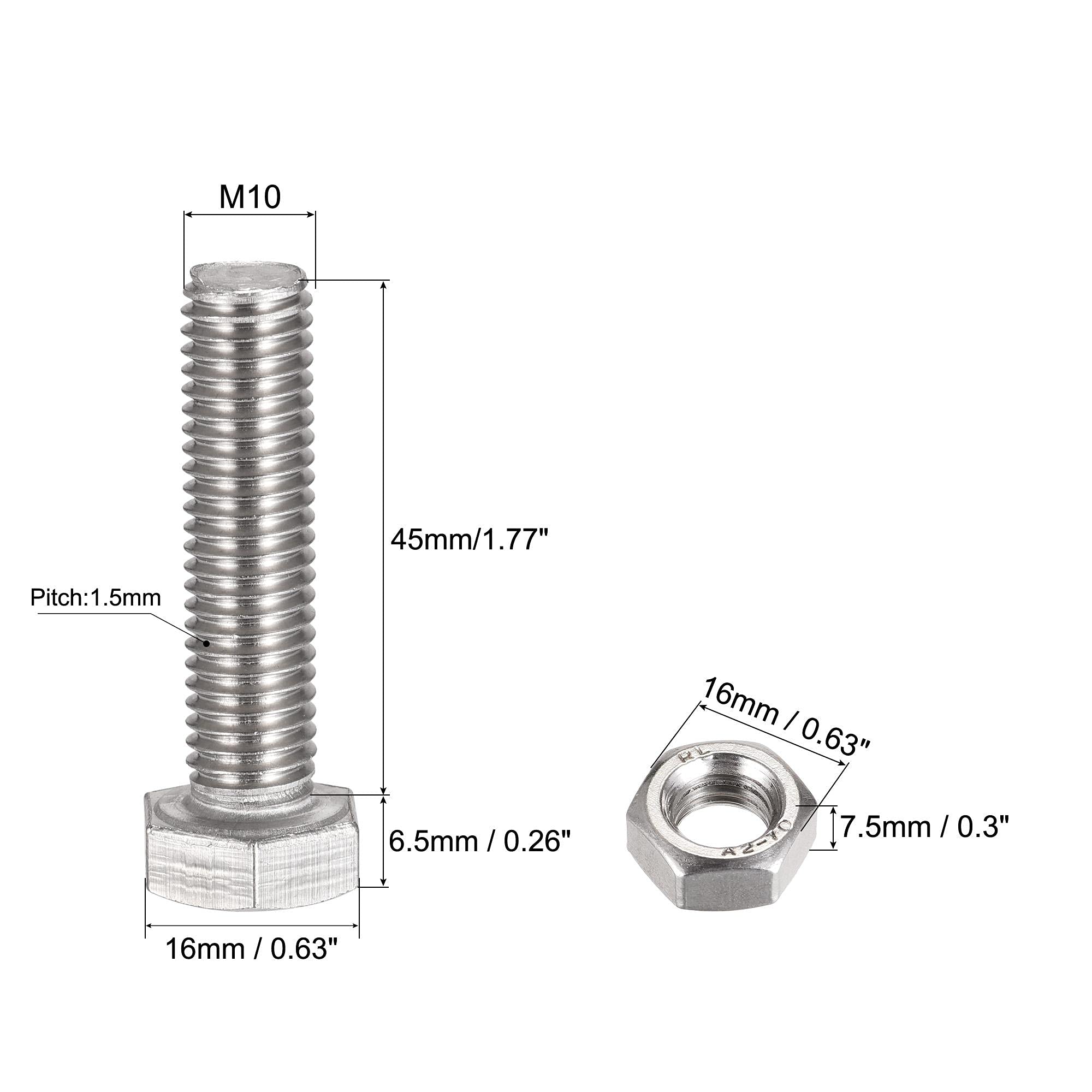 uxcell M10 x 45mm Hex Head Screws Bolts, Nuts, Flat & Lock Washers Kits, 304 Stainless Steel Fully Thread Hexagon Bolts 6 Sets