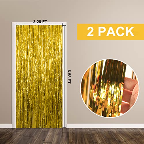 2 Pack Gold Backdrop Birthday Decorations Foil Curtain Backdrop Gold Streamers Dance Party Decorations Photo Booth Props for Bachelorette Decorations Christmas Halloween New Years Eve Party Supplies