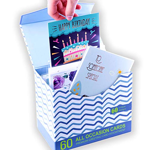 60 All Occasion Greeting Cards - Large 5”x7”, All Rose Gold Foil Unique Design Assorted Cards, Happy Birthday Card, Thank You Cards, Message Inside, Magnetic Bulk Box Set Variety Pack w/Thick Envelope