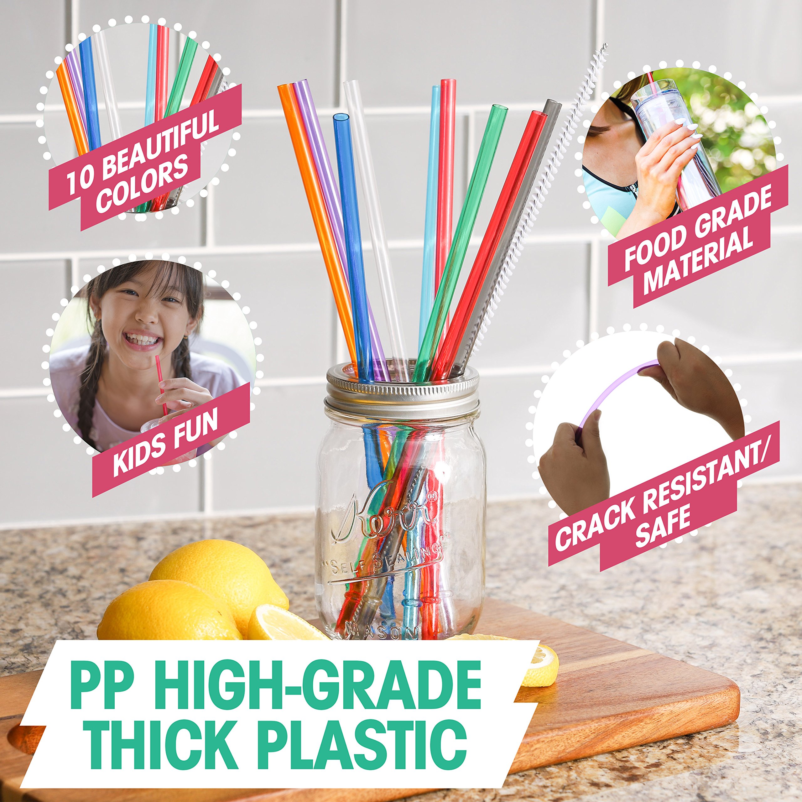 10.5" Long Rainbow Colored Reusable Plastic Replacement Straws, Fits Most Tumblers,Set of 10 with Cleaning Brush