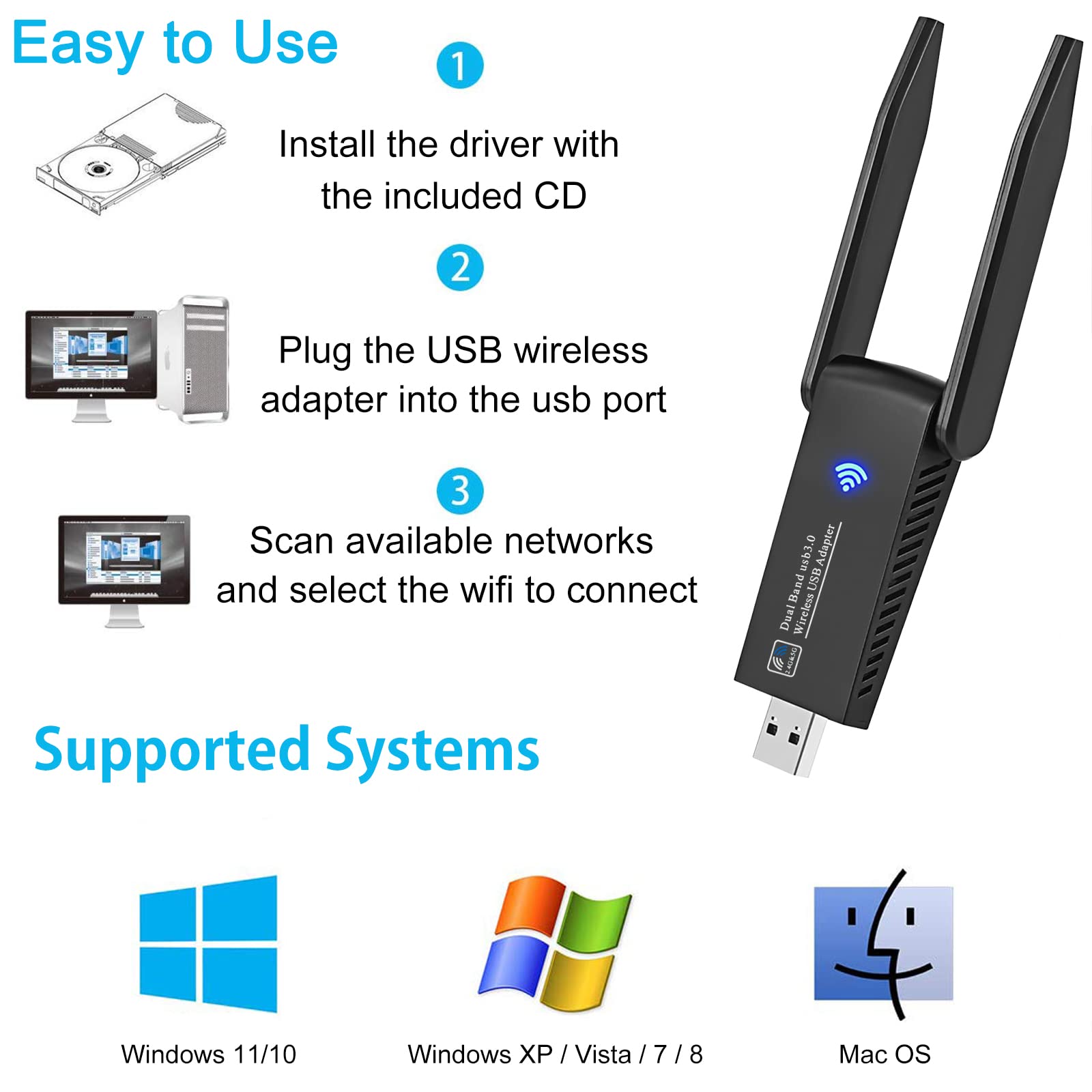 USB WiFi Adapter, Aigital 1300Mbps Dual Band Wi-Fi Dongle, USB 3.0 MU-MIMO Wireless Network Adapter with Antennas for Desktop PC Laptop, Compatible with Windows 11/10/8/7/Vista/XP & Mac OS X 10~11