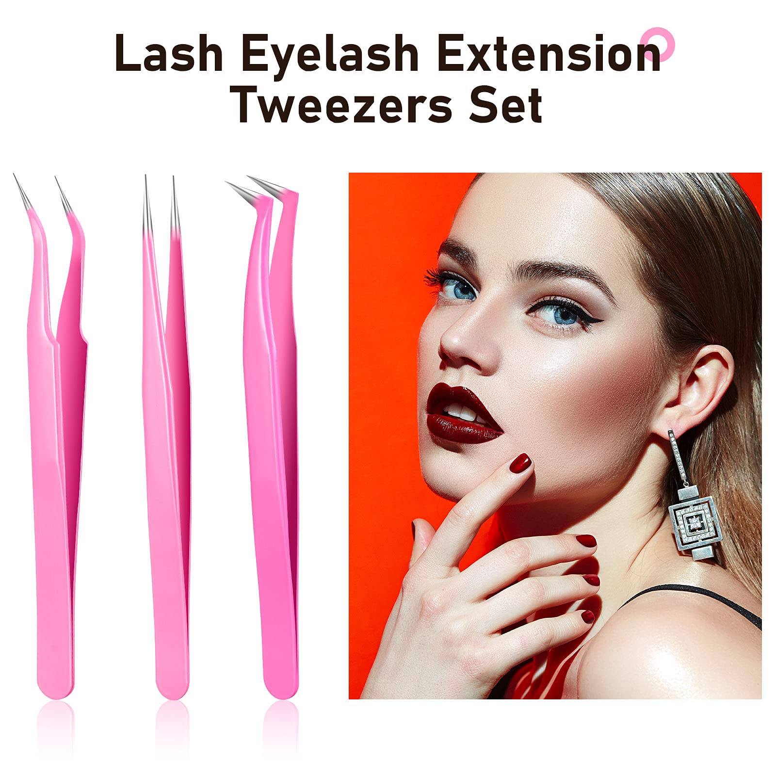 Honoson 6 Pieces Lash Eyelash Extension Tweezers Set Stainless Steel Eyelash Tweezers Straight and Curved Tip Tools Set Tweezers Nipper for Women Eyelash Extensions(Silver, Pink)