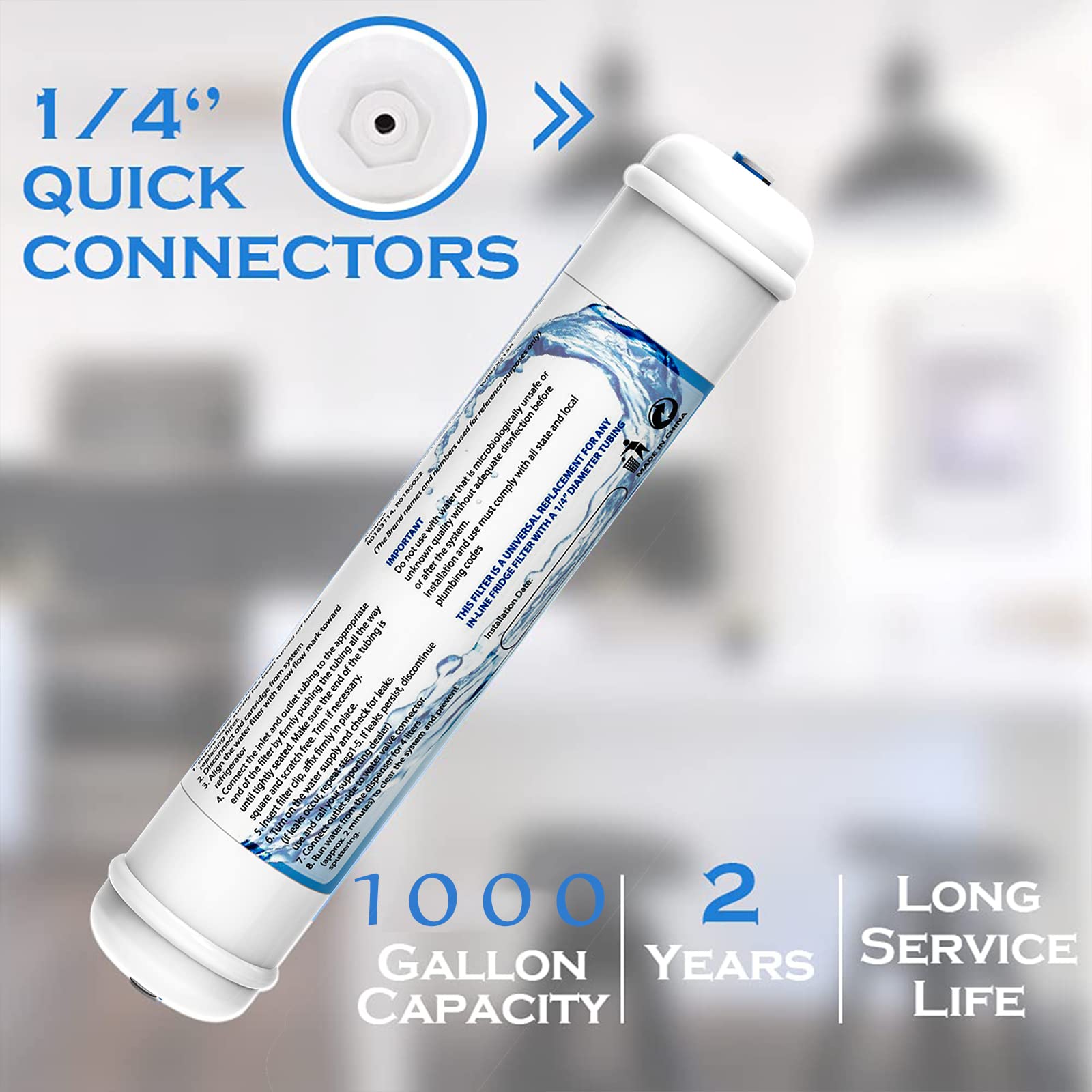 2 Pack Inline Water Filter 1/4" Quick-Connect Replacement Cartridge Inline Activated Carbon Block Filter for Refrigerator, Ice Maker, Under Sink System, Reduces Chlorine, Fluoride, Limescale and More