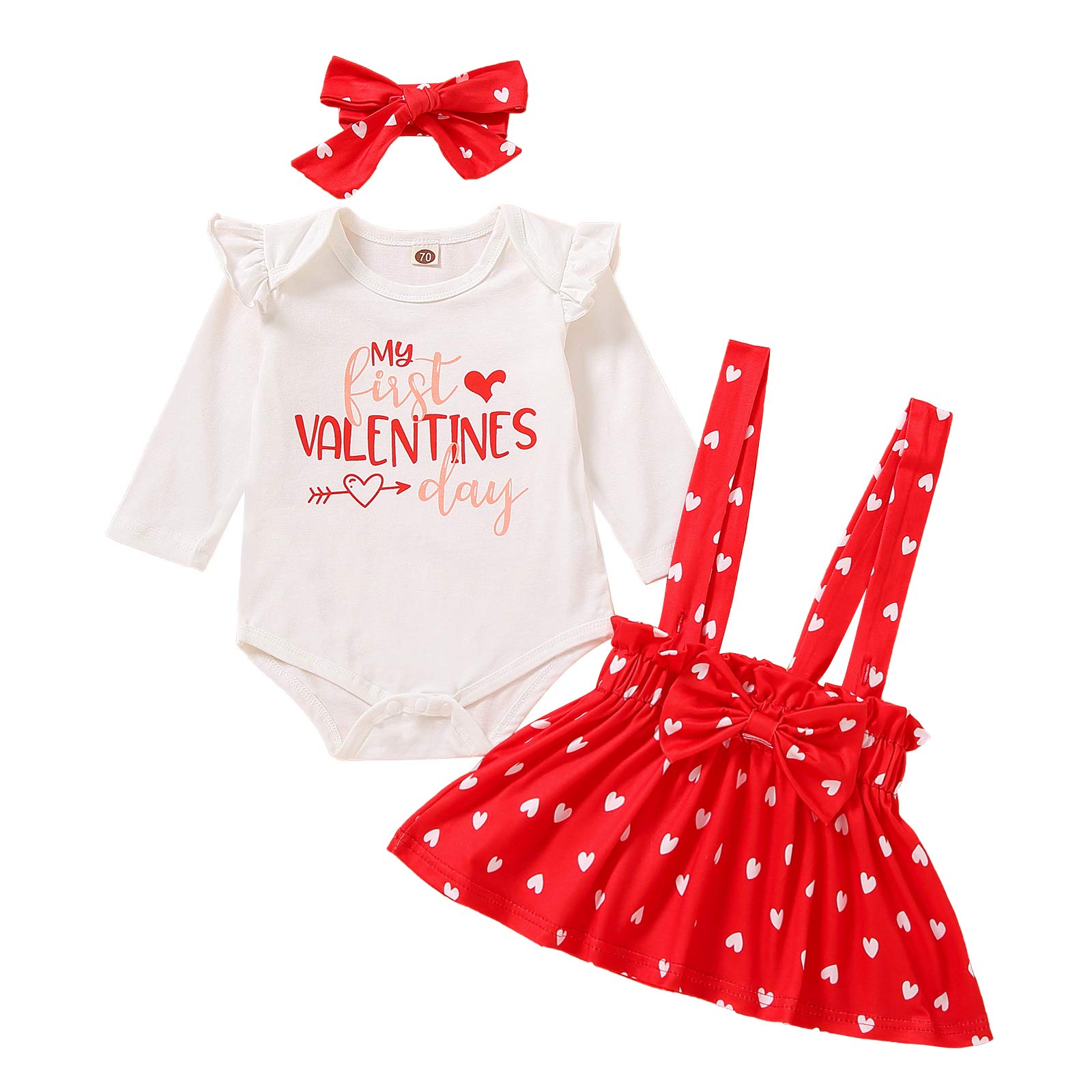 Baby Girls My First Valentine's Day Outfit Ruffles Long Sleeve Romper + Heart Suspenders Skirt Set(White, 6-9Months)
