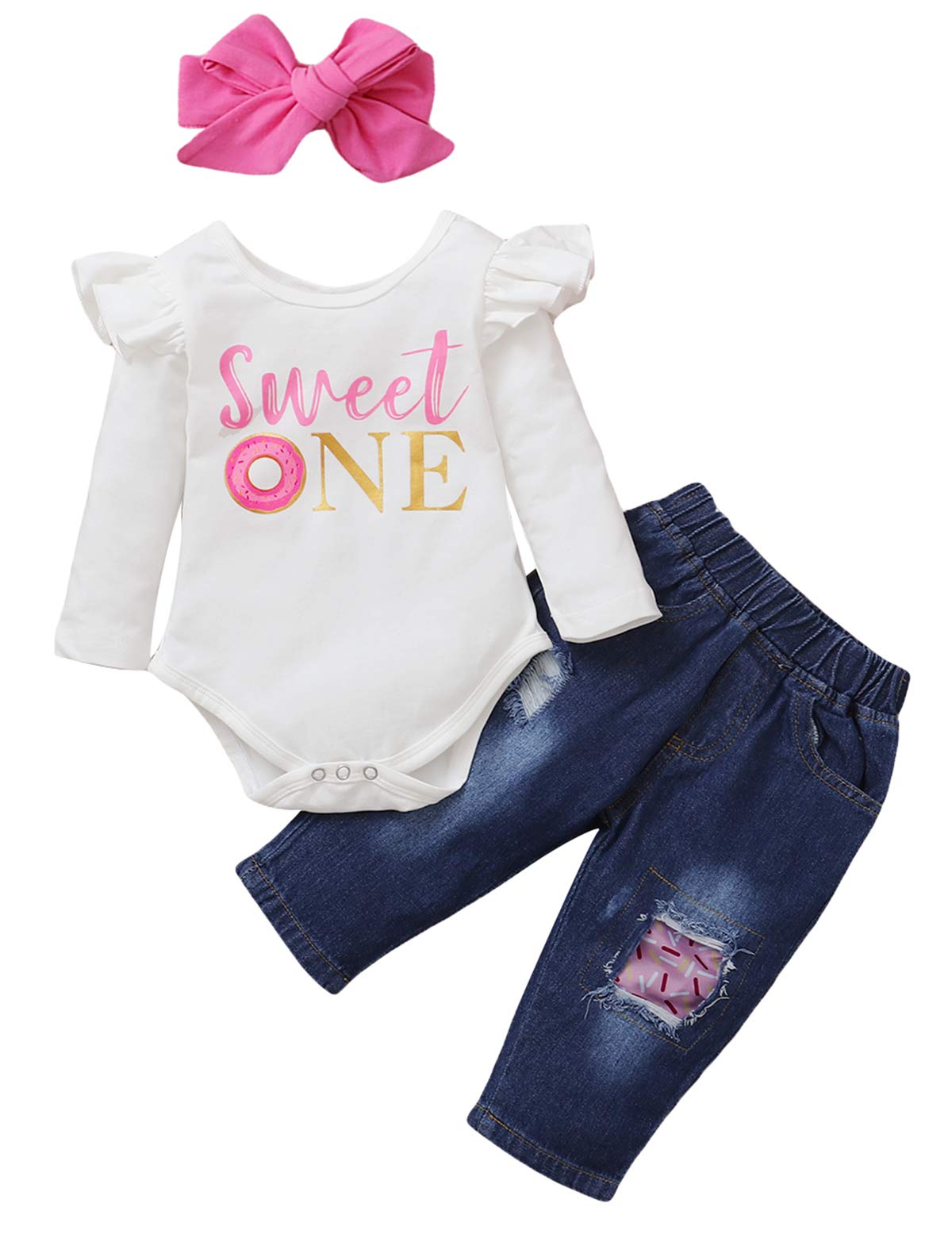 Baby Girls One Year Old Birthday Clothes Denim Jeans Outfits with Headband (White-Long,12-18 Months)