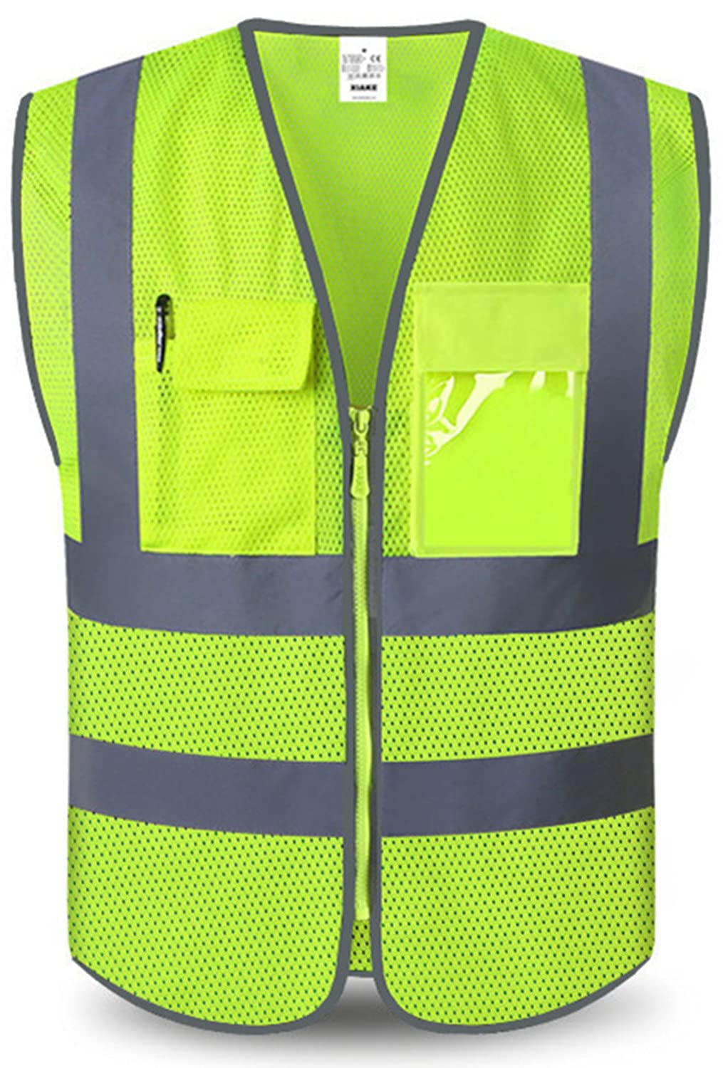 XIAKE 4 Pockets High Visibility Reflective Safety Vest Mesh Lite Zipper Front, Meets ANSI/ISEA Standards(Large,Yellow)