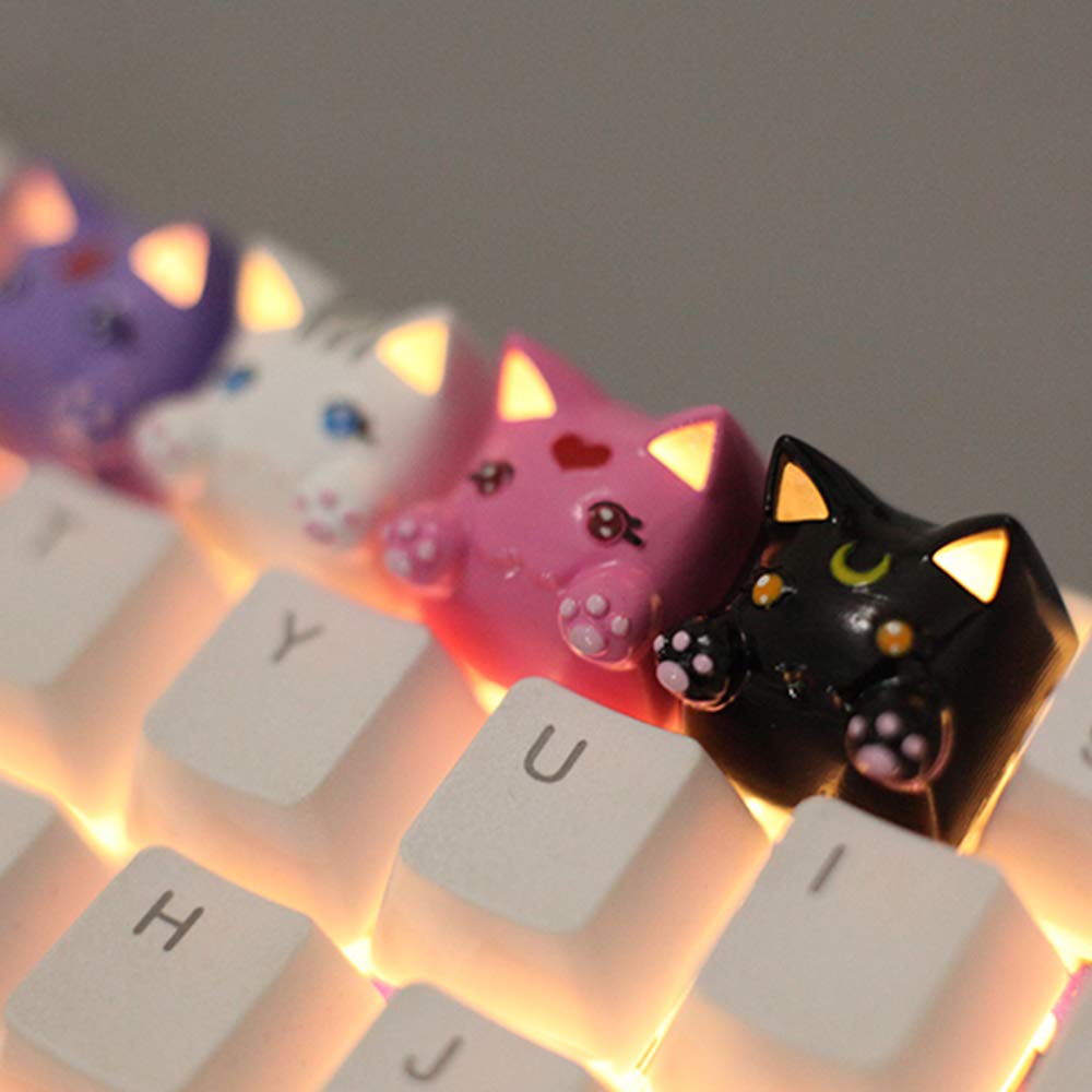 HFSECURITY 3D Resin White Purple Pink Black Cute Cartoon Cat Design Backlit Keycaps for Cherry Mx Switch Mechanical Gaming Keyboard (Blackcatkeycap)