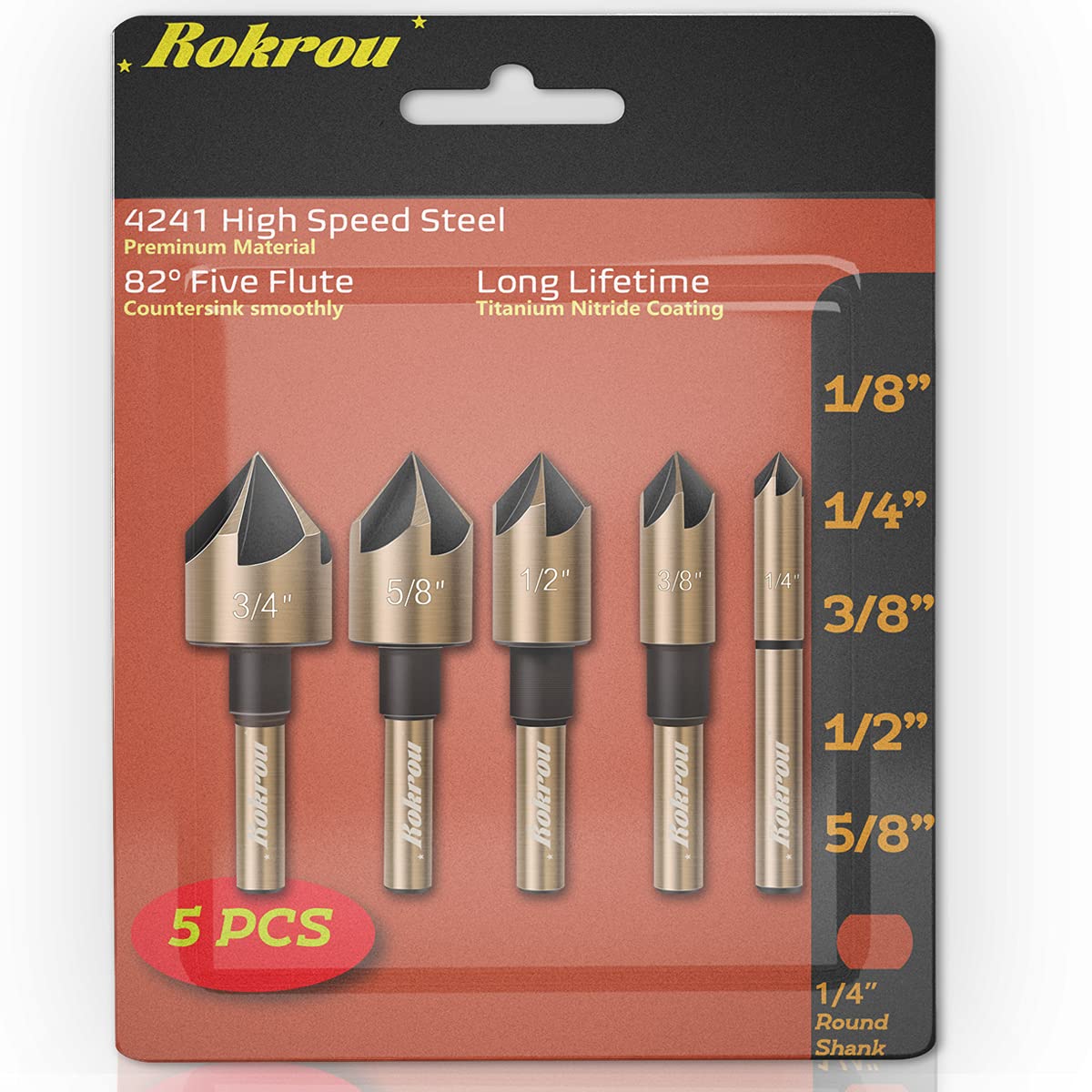 Countersink Drill Bit Set 5PCS 4241 HSS 82 Degree 5 Flute 1/4 Inch Round Shank Mill Cutter Bit Sizes 1/4 3/8 1/2 5/8 3/4 Drill Bits