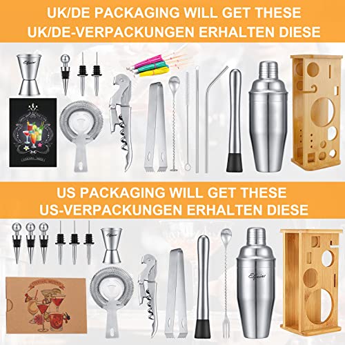 14 Pcs Cocktail Shaker Set Bar Set - Gifts for Dad, 25oz Stainless Steel Cocktail Shaker Set Bar Tools Bartender Kit, Reward Stylish Bamboo Stand & Recipes Booklet, Best Bartender Kit for Beginners