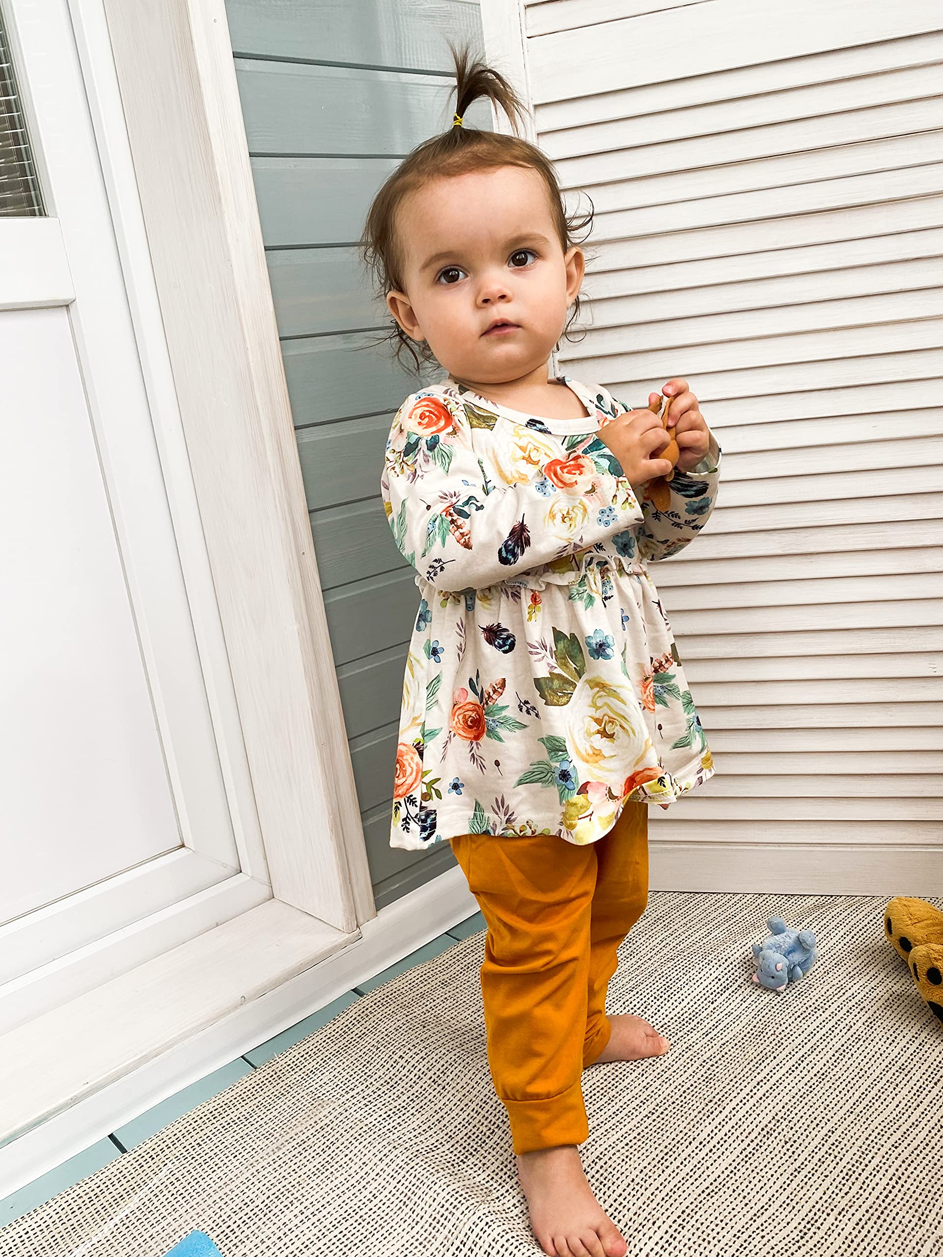 3PCS Baby Girl Clothes Ruffle Floral Shirt Tops Pants Headband Outfit Sets (Yellow, 9-12 Months)