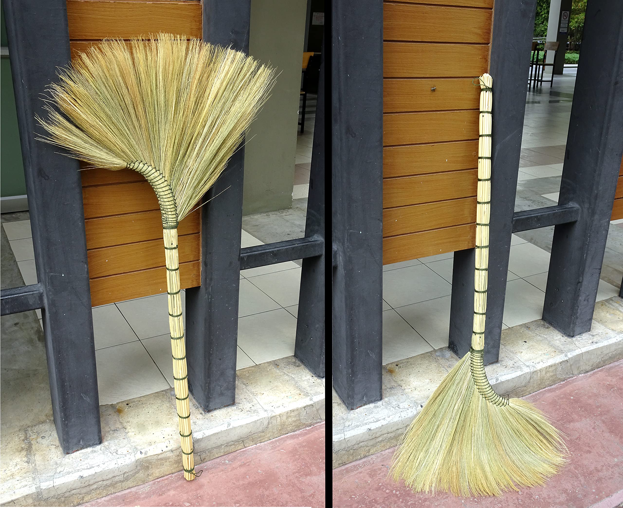 Handmade Asian Thai Broom Thick Natural Grass Brush & Handle Broomstick in Vintage Viet Whisk Straw Design