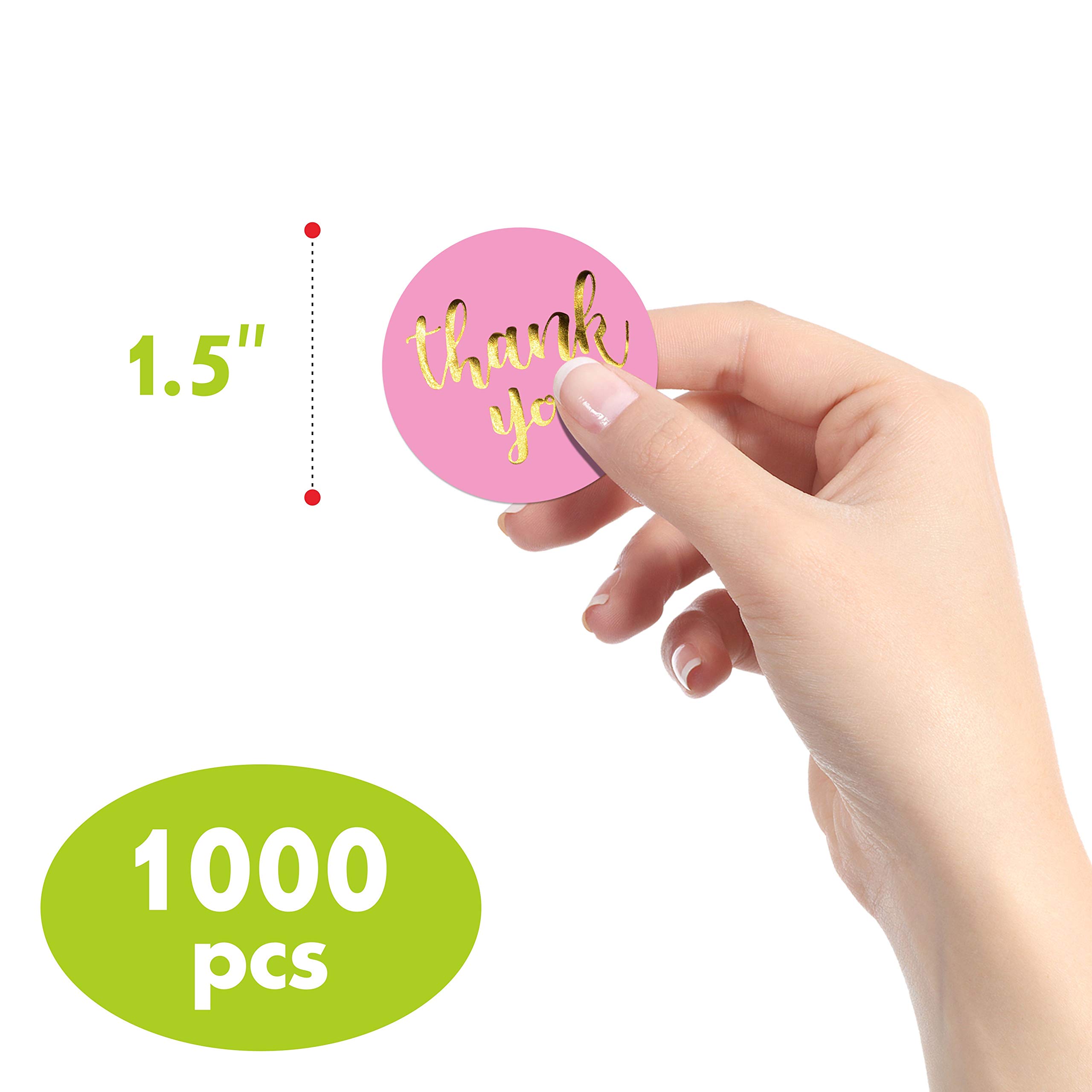 1000 PCS Thank You Stickers Gold Foil Font on Pink Paper with Perforation Line for Personal and Business Use (Each Measures 1.5" in Diameter)