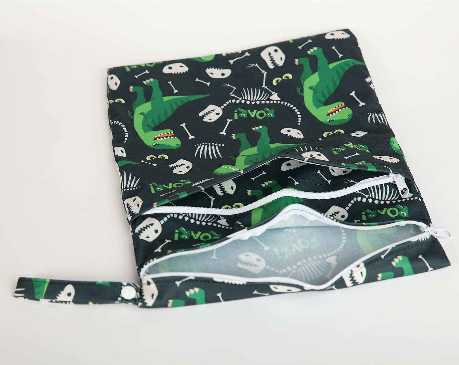 Sigzagor Wet Bag Baby Cloth Diaper Nappy Bag Reusable With Two Zippered Pockets Boys (Green Dinosaur)