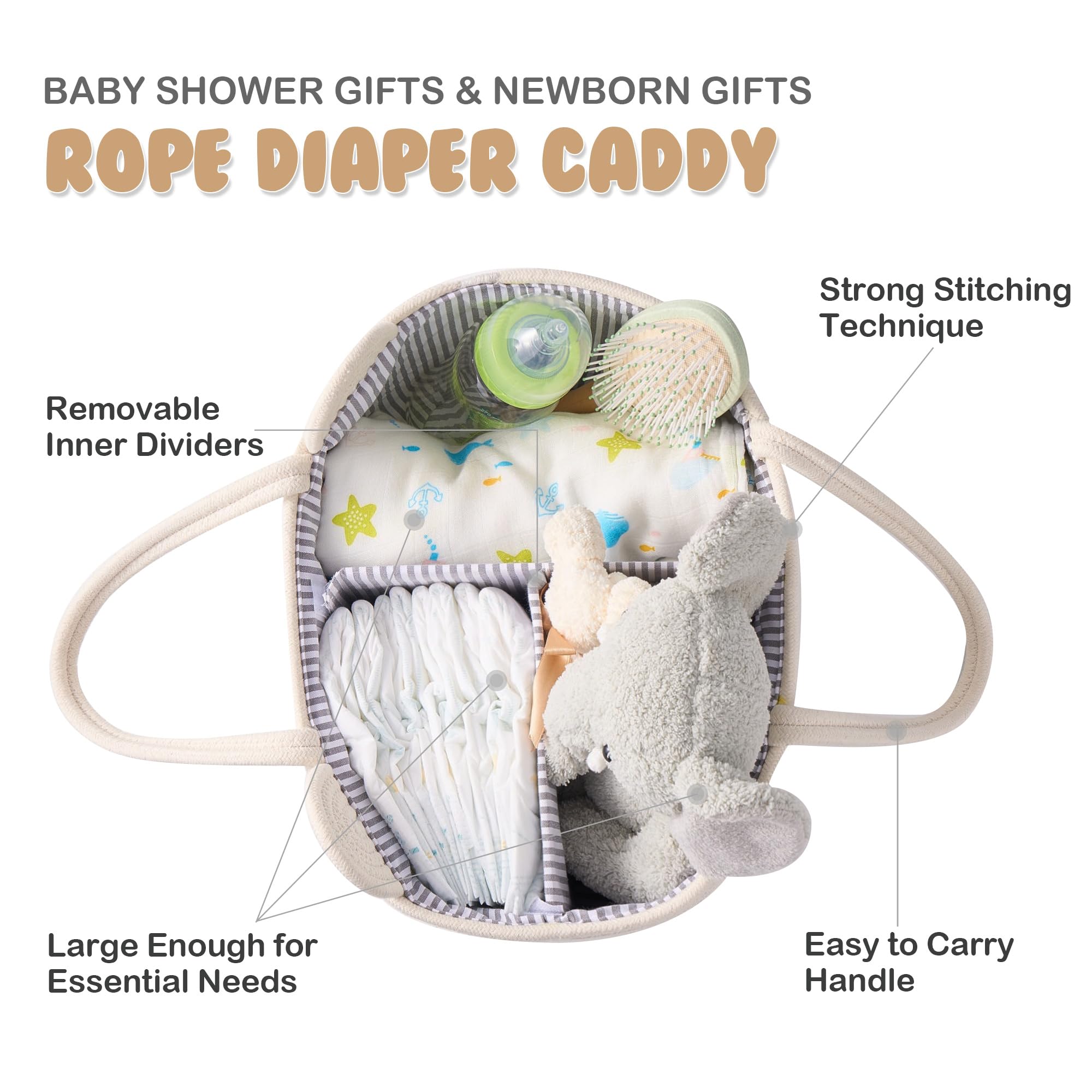 InfiBay Baby Diaper Caddy Organizer, Baby Nursery Storage with Removable Dividers and Sturdy Handles, Cute Bear Basket, Cotton Rope Baby Basket, Portable Diaper Storage Basket