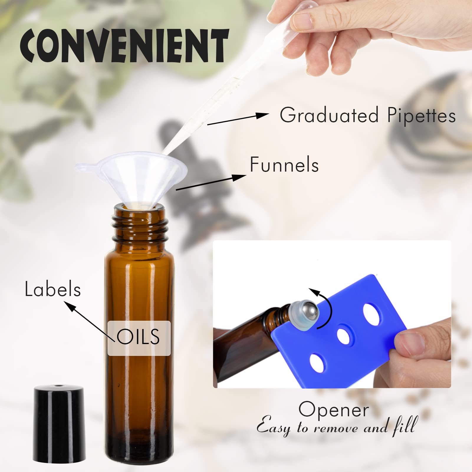 12 Pack Essential Oil Roller Bottles, 10ml Roller Balls for Essential Oils, Amber Glass Roller Bottles, Roll on Bottles with Stainless Steel Roller Balls, Labels, 1*Openers, 1*Funnels, 2*Dropper