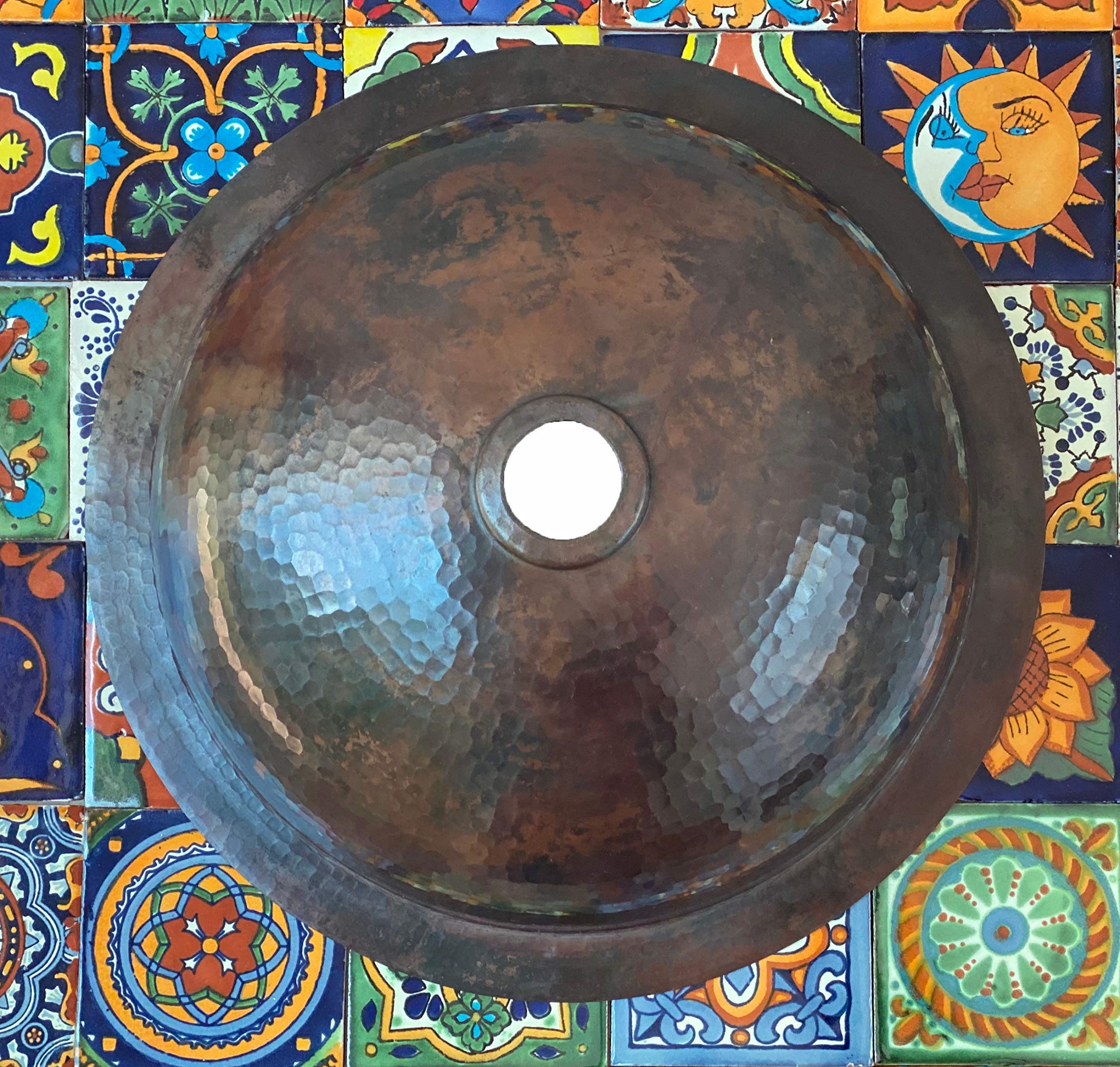 15" Round Copper Bathroom Sink Mexican Copper Bath Sink Pure Copper Hand Hammered Dual Mount Dark CPS05