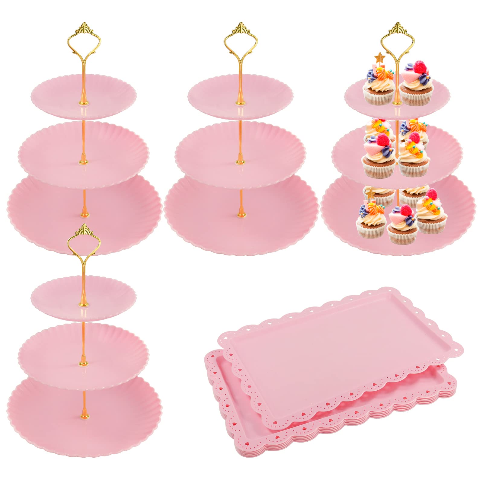 10 Pcs Pink Plastic Cake Stand, 4 Pcs 3 Tier Dessert Display Stands Cookie Tray Rack Serving Tray Cake Display Tower and 6 Pcs Dessert Trays for Wedding Baby Shower Tea Party (Pink)