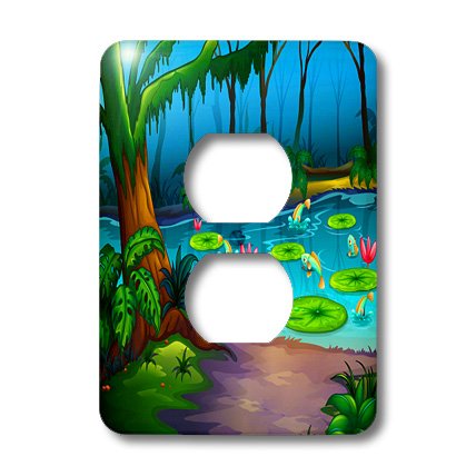 3dRose lsp_167241_6 Colorful Lake with Frogs Lilly Pads Trees and Fun Light Switch Cover