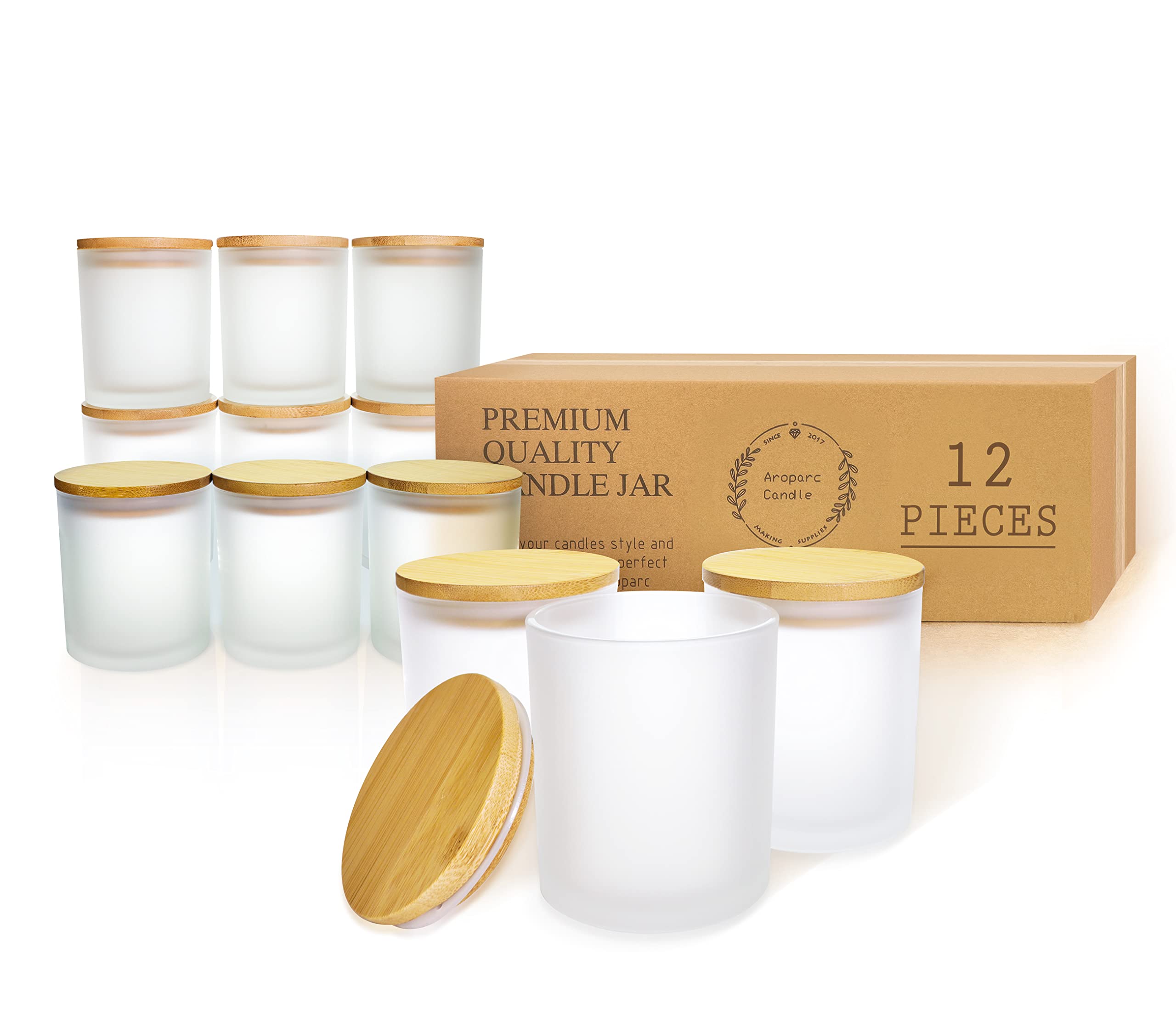 12 Pack Glass Candle Jars for Making Candles, 10 OZ Empty Candle Tins with Bamboo Lids, Bulk Clean Candle Containers Wholesale Candle Glass - Dishwasher Safe, Frosted