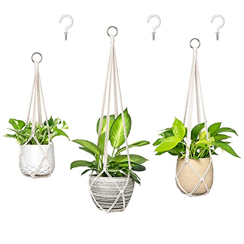 Dahey Macrame Plant Hanger Set of 3 with Hooks Indoor Hanging Planter Basket 35"/29"/23" Handmade Woven Cotton Rope Flower Pot Crochet Plant Holder Stand for Boho Home Decor No Tassels,Beige