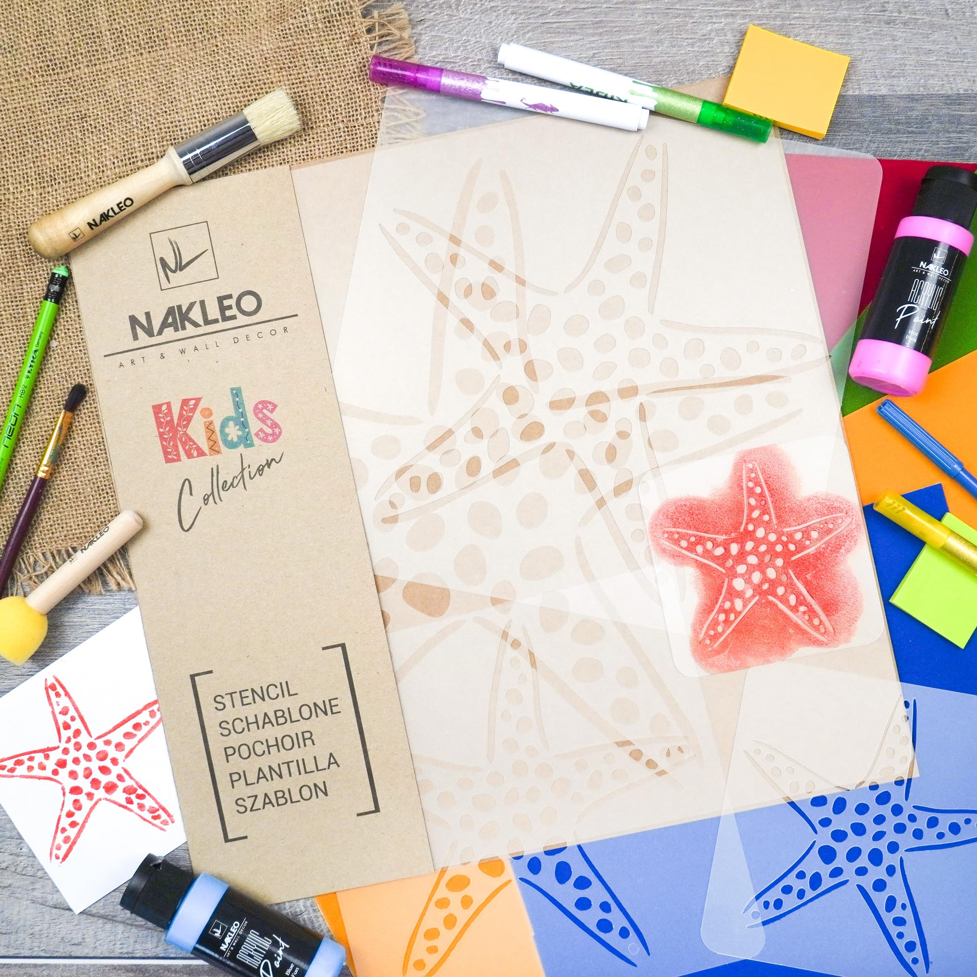NAKLEO 5 pcs Reusable Plastic Stencils - Starfish Marine Animal - 13.4" to 3.5" - Pattern Children Kids Painting Template Room Decor - Craft DIY Wall Furniture