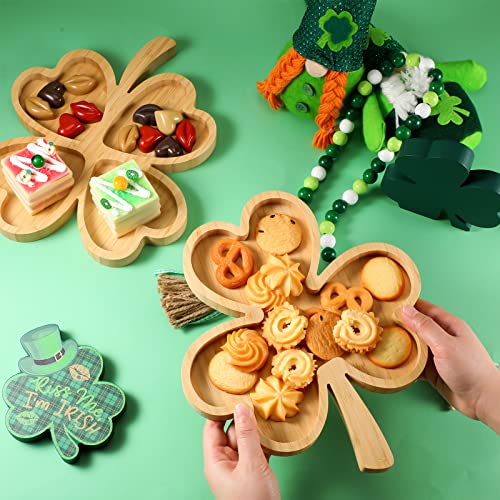 2 Pcs Large Clover Shaped Serving Plates Wooden Shamrock Sectional Serving Tray St Patrick's Day Four Leaves Shaped Platters Irish Serving Dishes Appetizer Section Platter for St Patrick's Supplies