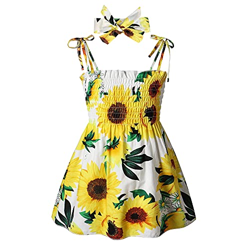 Easisim Toddler Baby Girls Dress Casual Sleeveless Sunflower Princess Sundress Summer Clothes Outfits with Headband (White,3-4 Years)