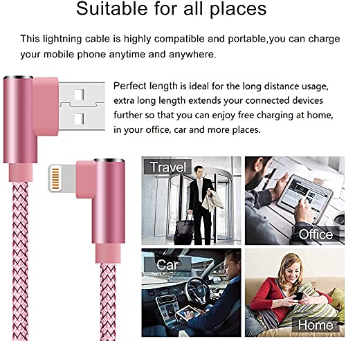 iPhone Charger 10 ft 90 Degree Lightning Cable 3 Pack MFi Certified Lightning Cable Nylon Braided Right Angle iPhone Charging Cable for iPhone 13 12 11 Pro X XS XR 8 Plus 7 6 5(Rose Gold,10 Foot)