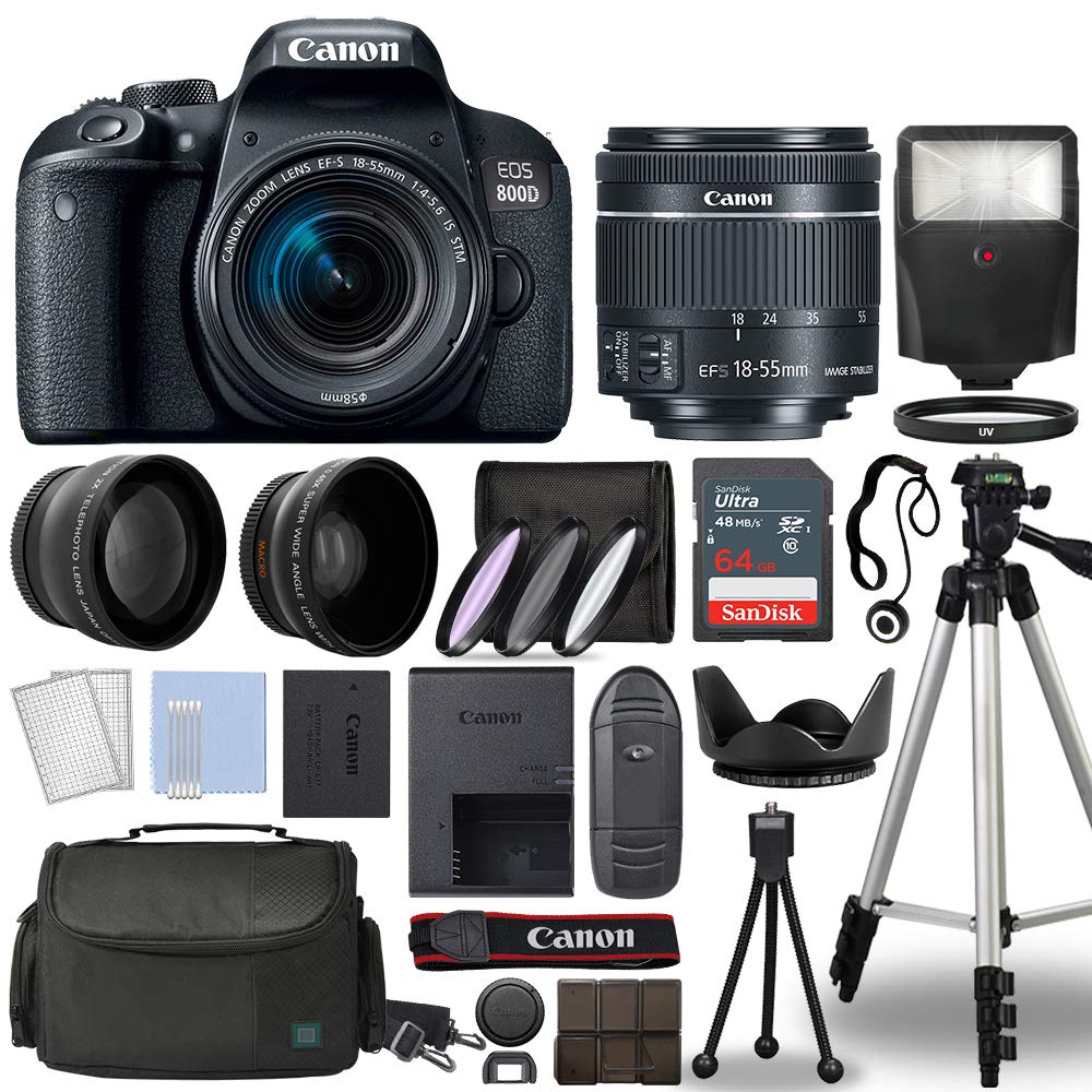 Canon 800D / Rebel T7i DSLR 18-55mm STM Lens Bundle - Telephoto & Wide Angle Lens + Filter Kit + Tripod + Flash - International Version