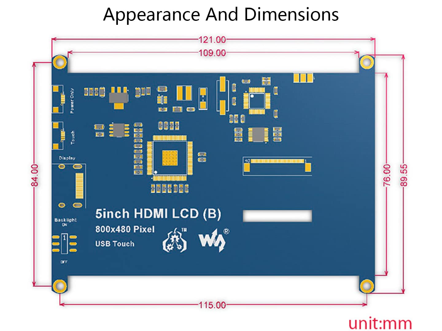 waveshare 5inch HDMI LCD Resistive Touch Screen LCD (B), 800x480 Resolution, Support All Versions of Raspberry Pi,Windows 10/8.1/8/7, BB Black, as Well as General Desktop Computers
