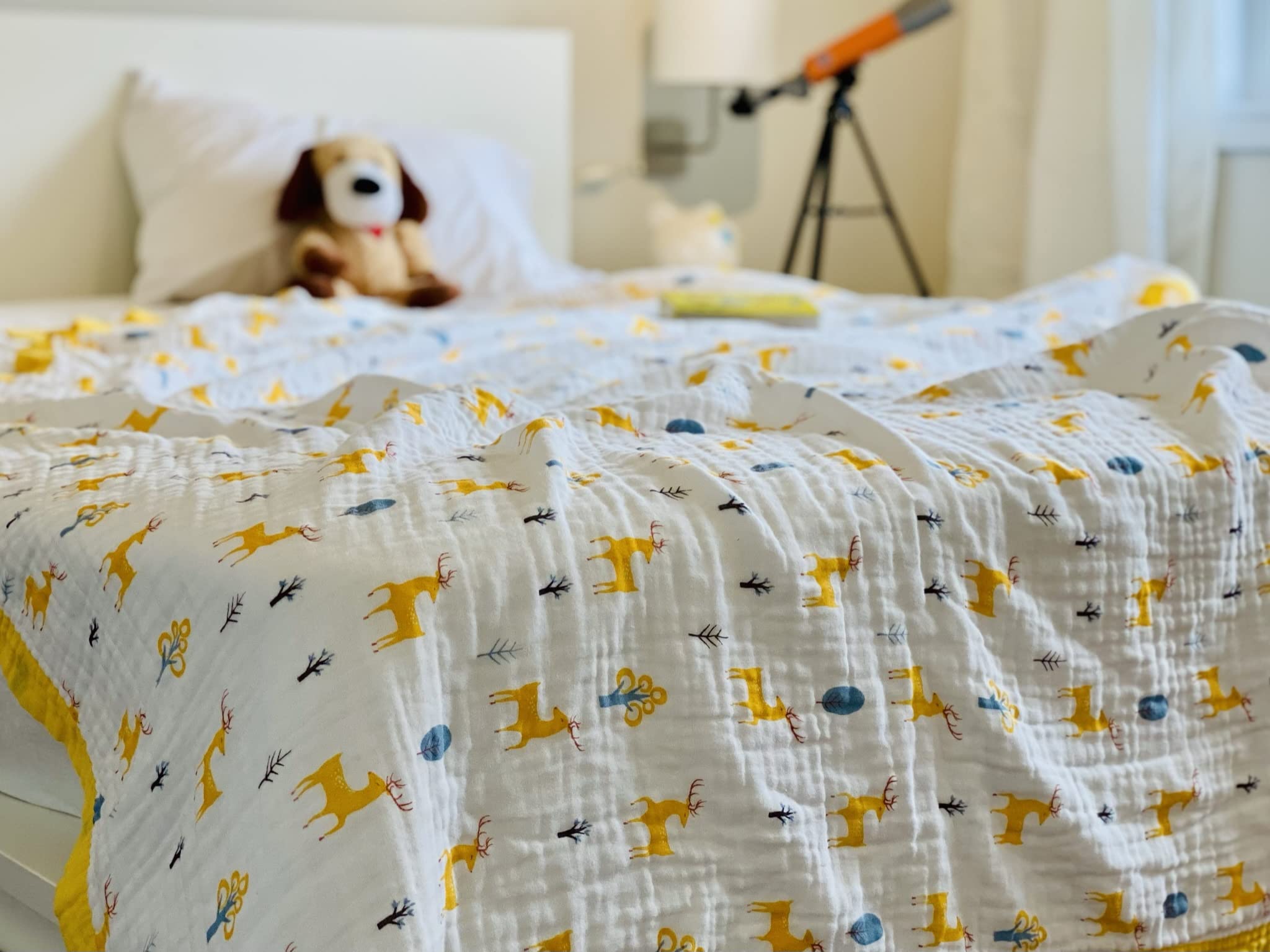LOPALU Large Twin Size 60"x 86" (150cmx220cm) 4-Layer Muslin Blanket for Toddlers/Kids - Super Soft 100% Cotton Premium Material - Breathable Lightweight for All Seasons - Yellow Color Cute Deer