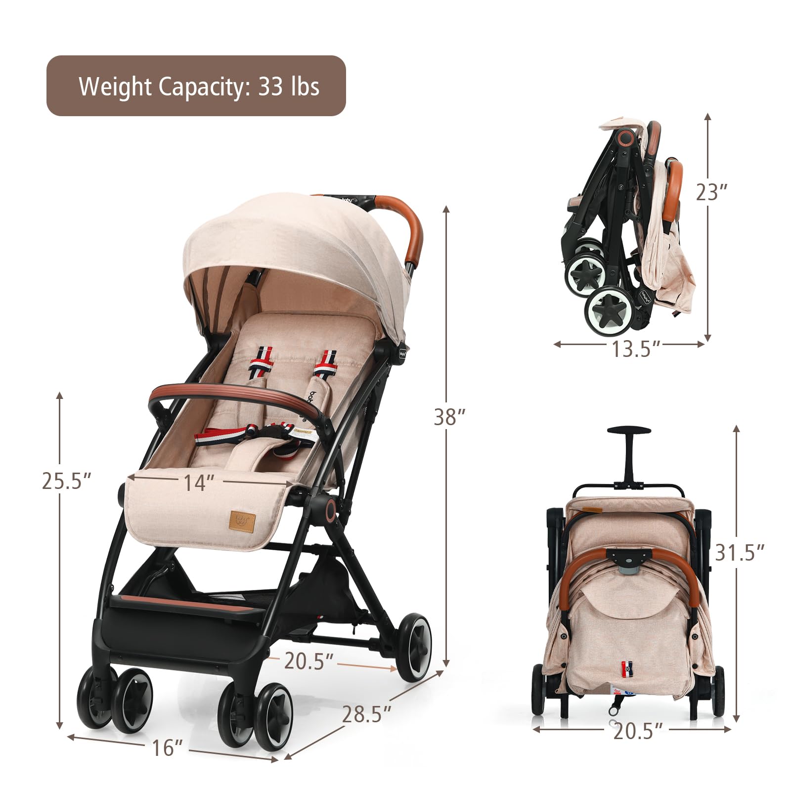 BABY JOY Lightweight Baby Stroller, Compact Toddler Travel Stroller for Airplane, Infant Stroller w/ 5-Point Harness, Adjustable Backrest/Footrest/Canopy, Storage Basket, Easy One-Hand Fold, Beige