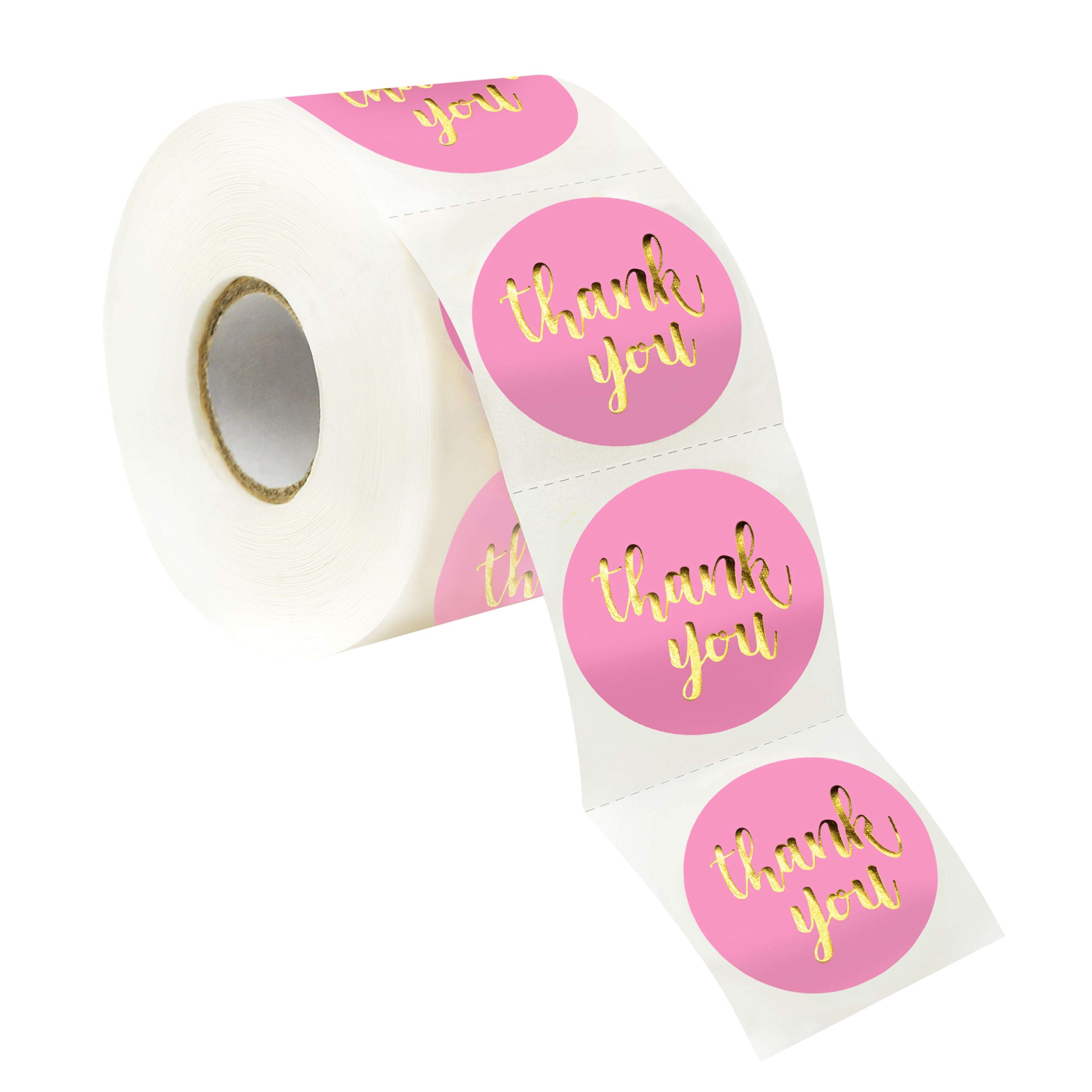 1000 PCS Thank You Stickers Gold Foil Font on Pink Paper with Perforation Line for Personal and Business Use (Each Measures 1.5" in Diameter)